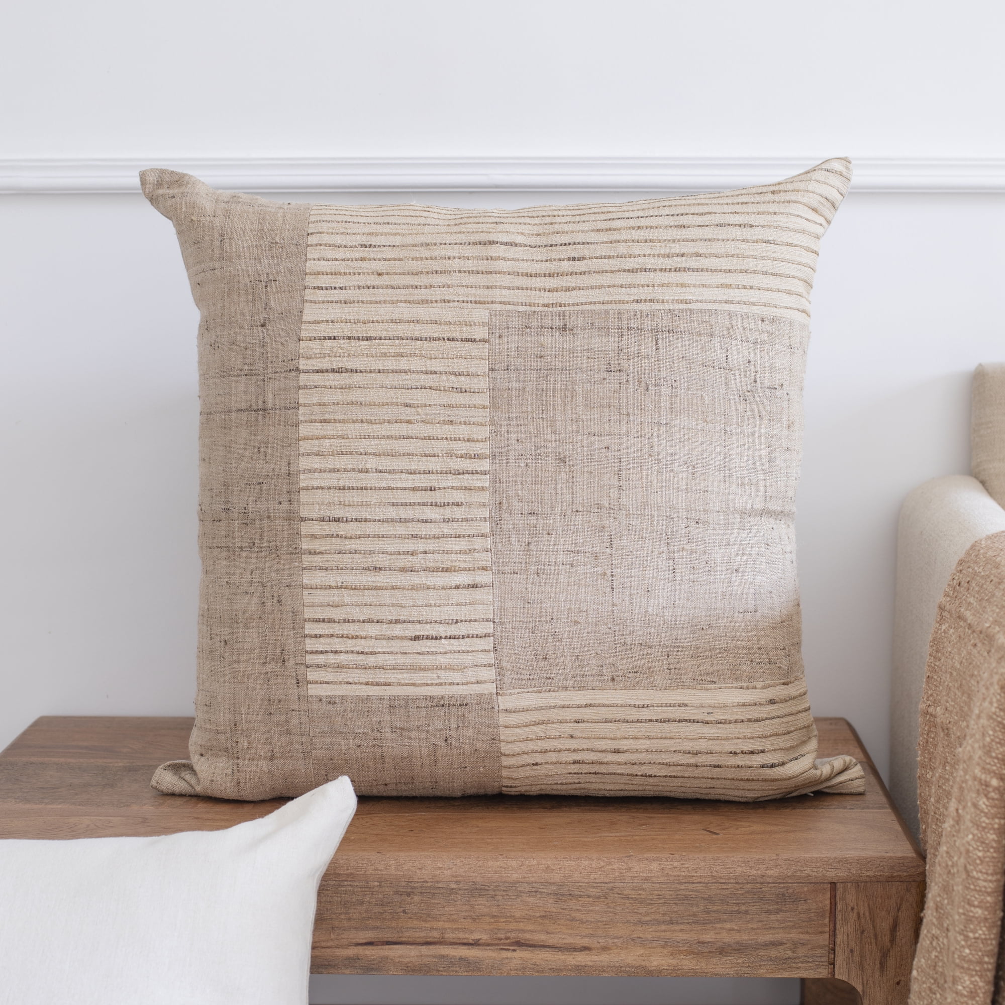 Ox Bay Tara 24" x 24" Natural/Beige Striped Silk Adult Decorative Throw ...