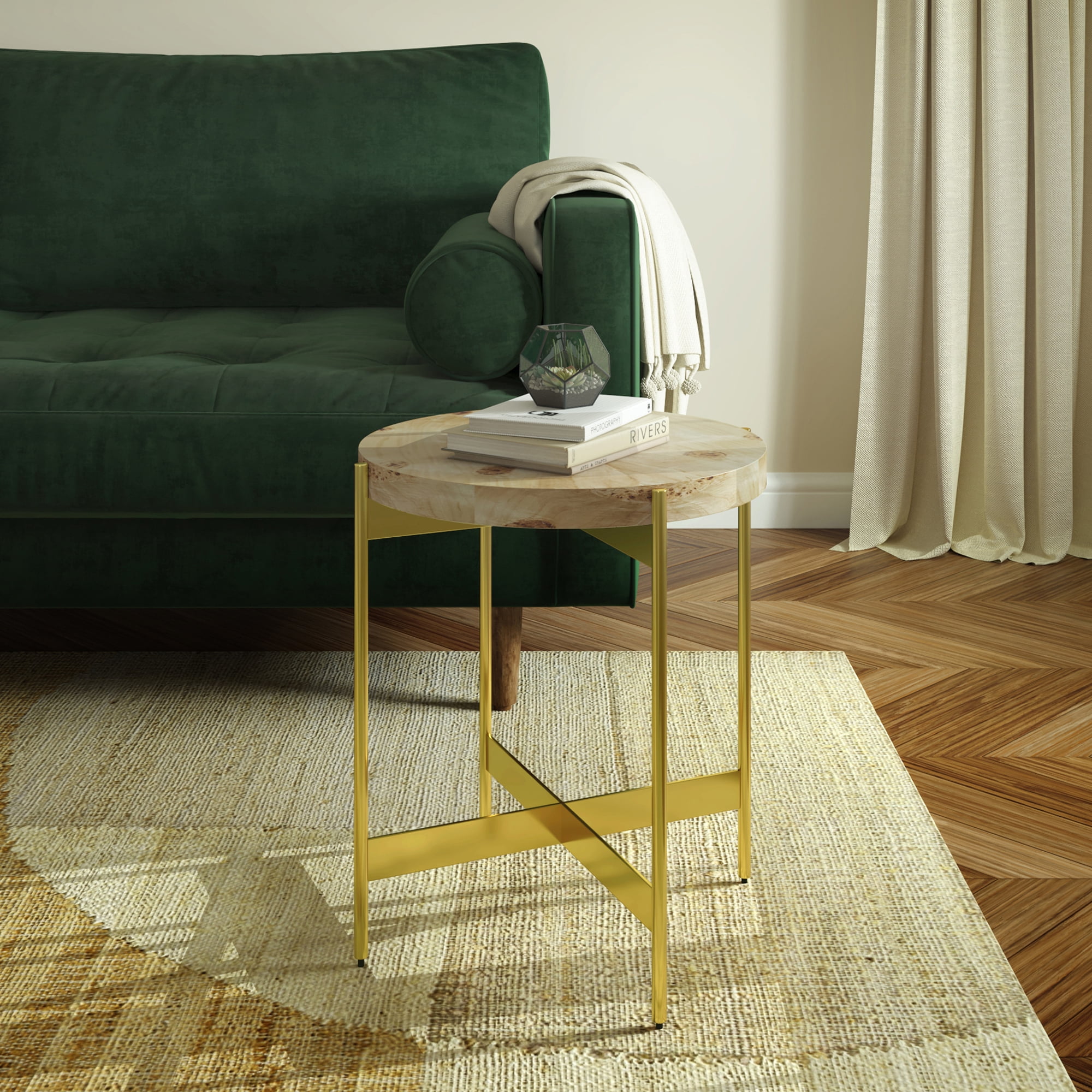 Ox Bay Theresa Round Burl Wood Side Table with Gold Base, Glam Style ...