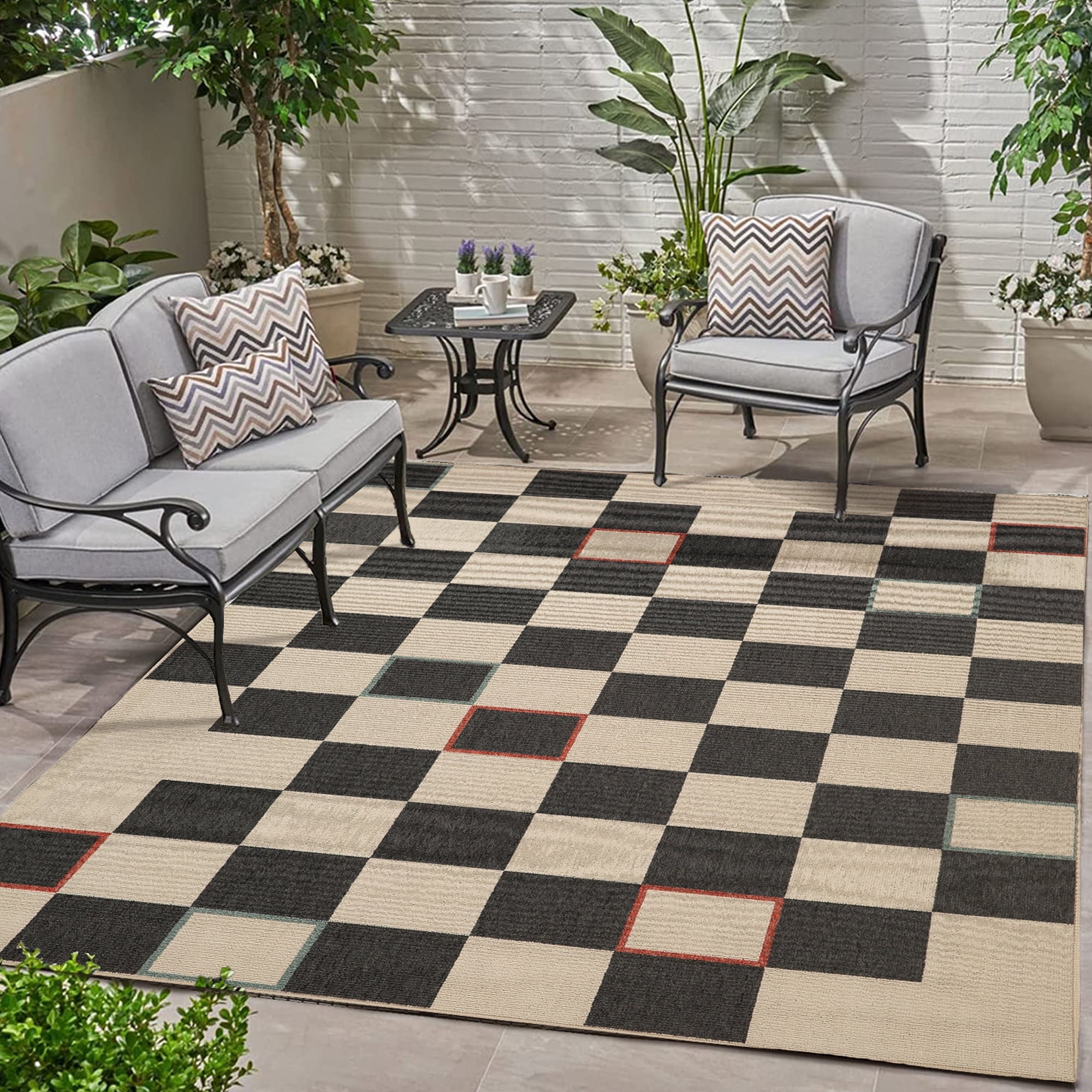 Ox Bay and Evette Rios Dora 2' x 3' Black/Ivory Checkered Indoor/Outdoor Area Rug - Walmart.com