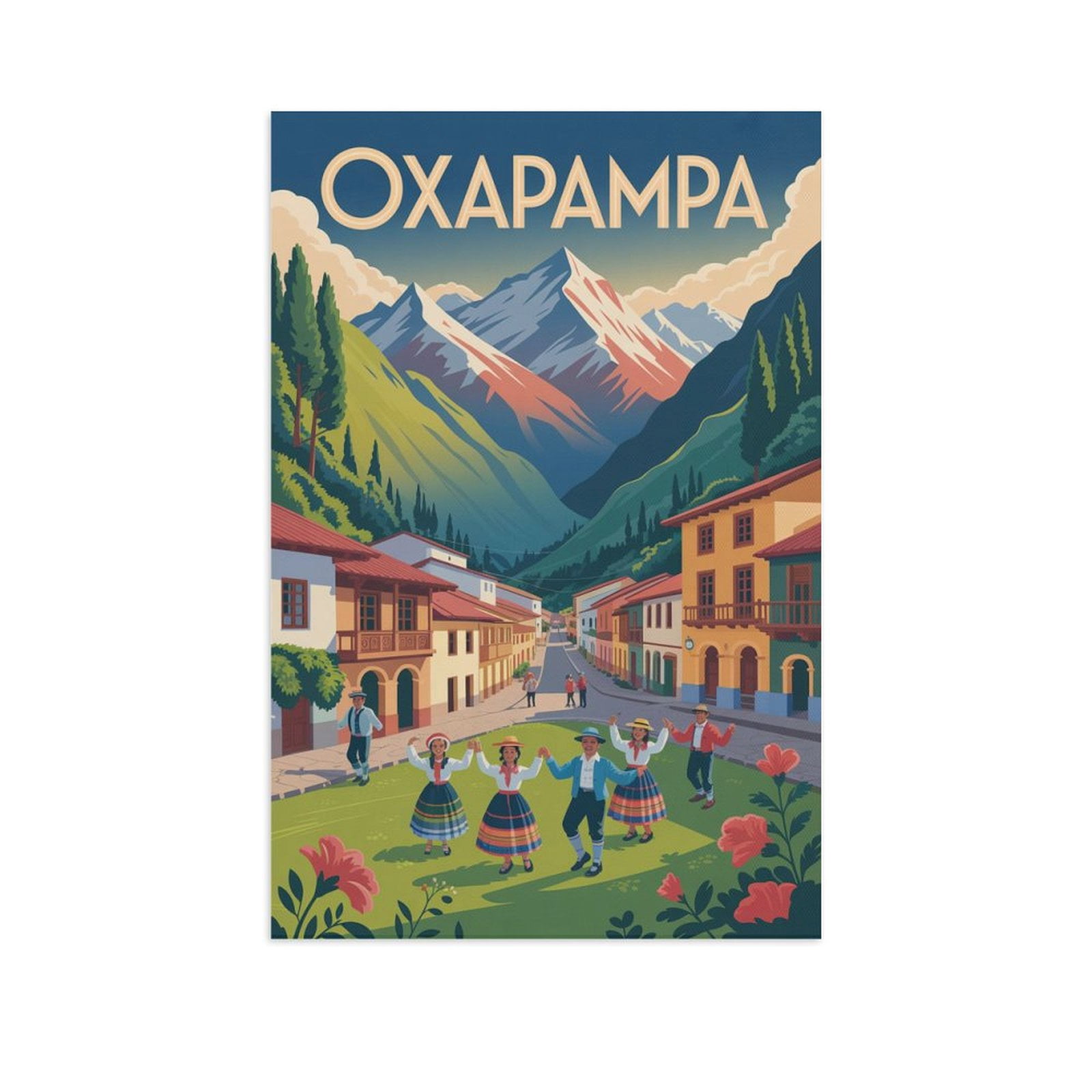 Oxapampa Peru Vintage City Travel Poster with Tyrolean Houses And Andes ...