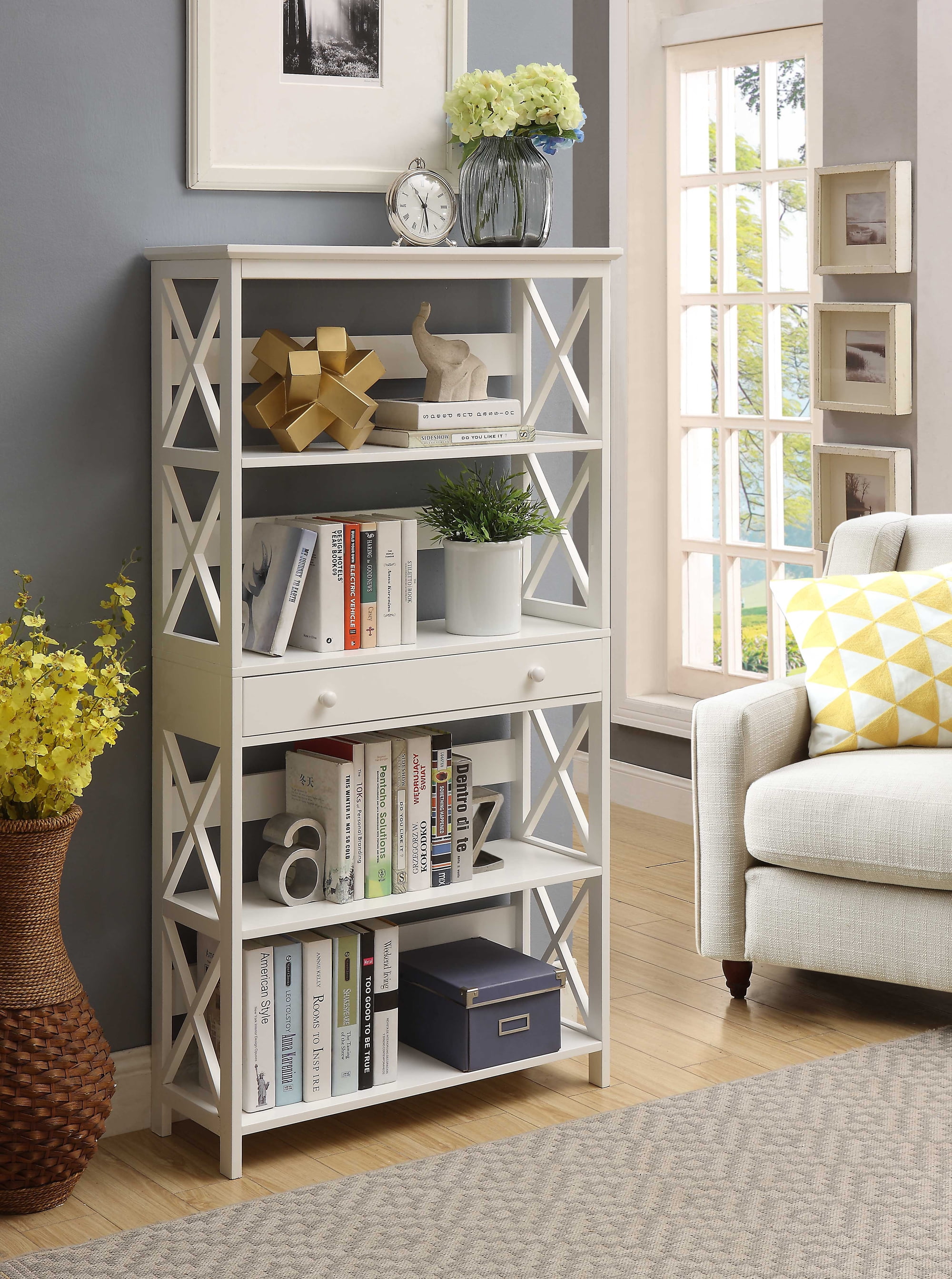 Oxford Wooden 4 Tier Bookcase with Drawer and Shelves, White - Walmart.com
