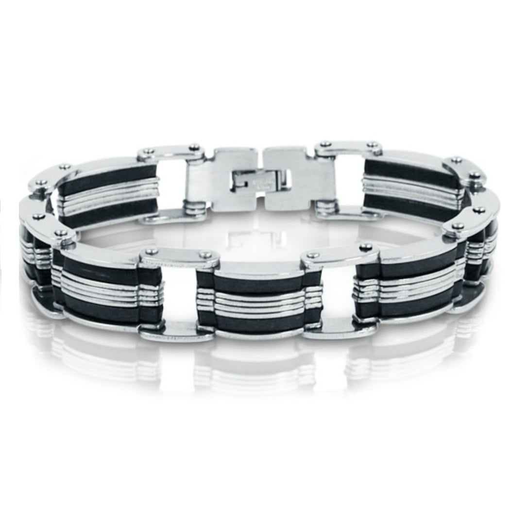 Oxford Ivy Stainless Steel with Black Rubber Mens Chain Link Bracelet 8 ...