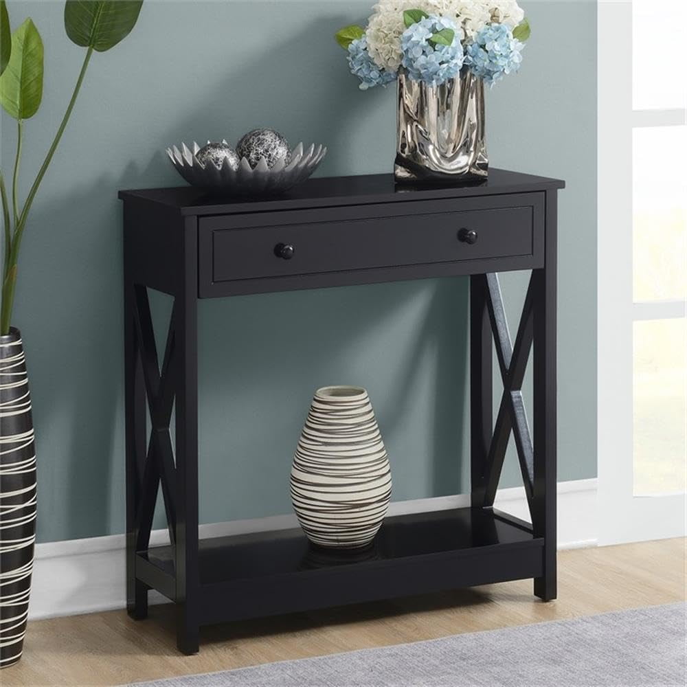 Oxford One-Drawer Entryway Hall Table with Shelf in Black Wood Finish ...