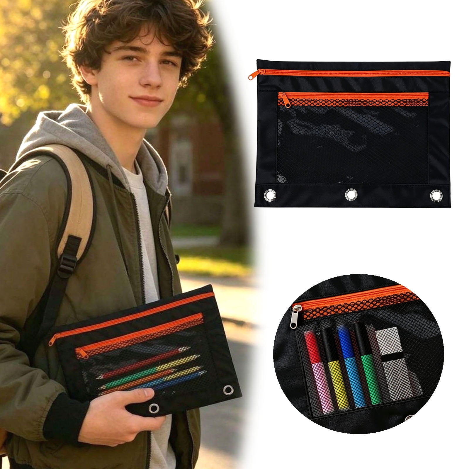 Oxford Zipper Pencil Pouch with Transparent Window and Eyelets, Binder ...