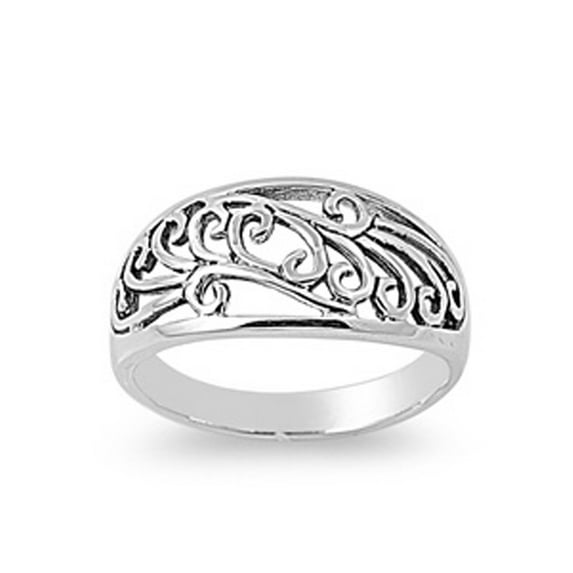 Oxidized Filigree Wave Swirl Tree Leaf Ring .925 Sterling Silver Band ...