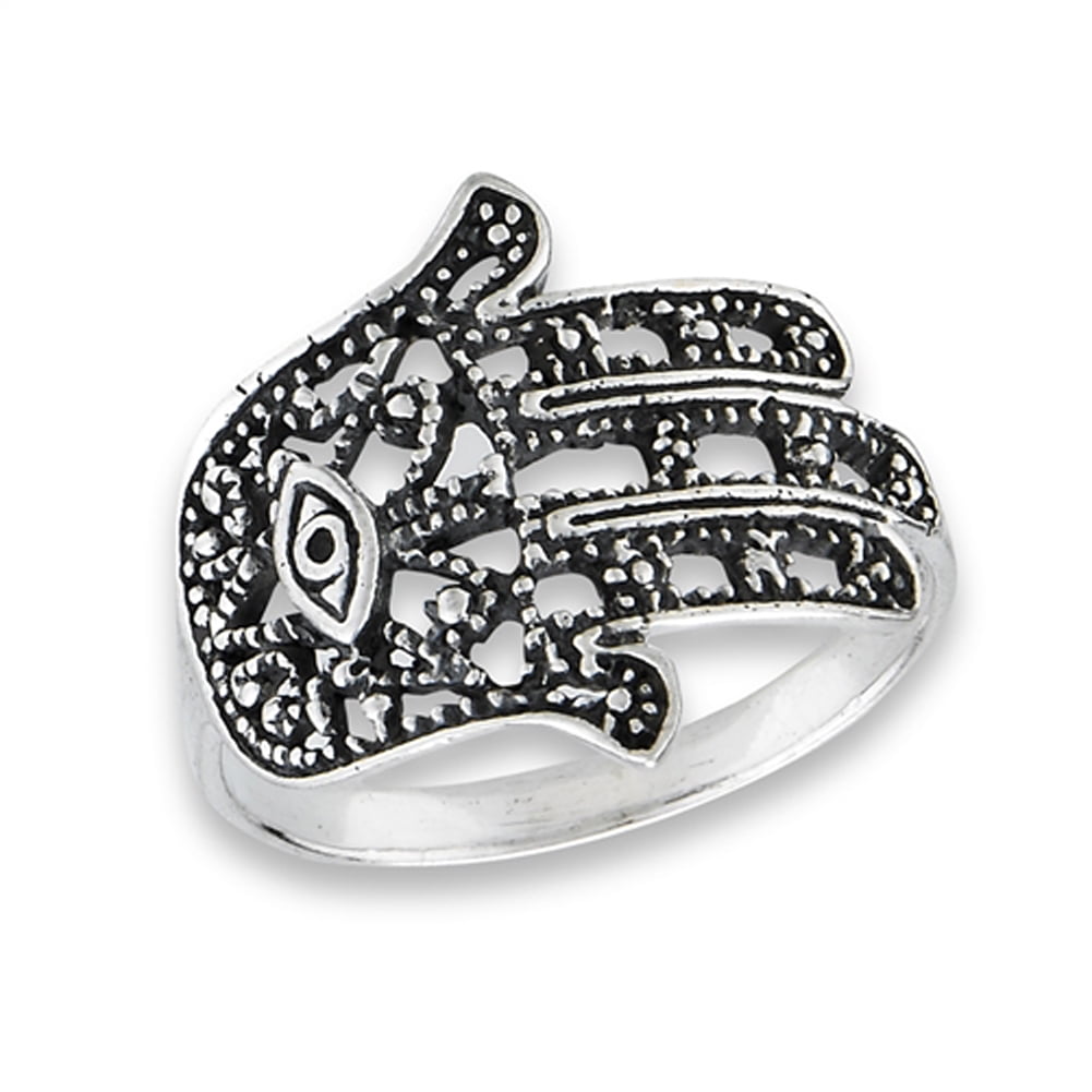 Oxidized Hand of God Evil Eye Hamsa Ring Sterling Silver Filigree Band ...