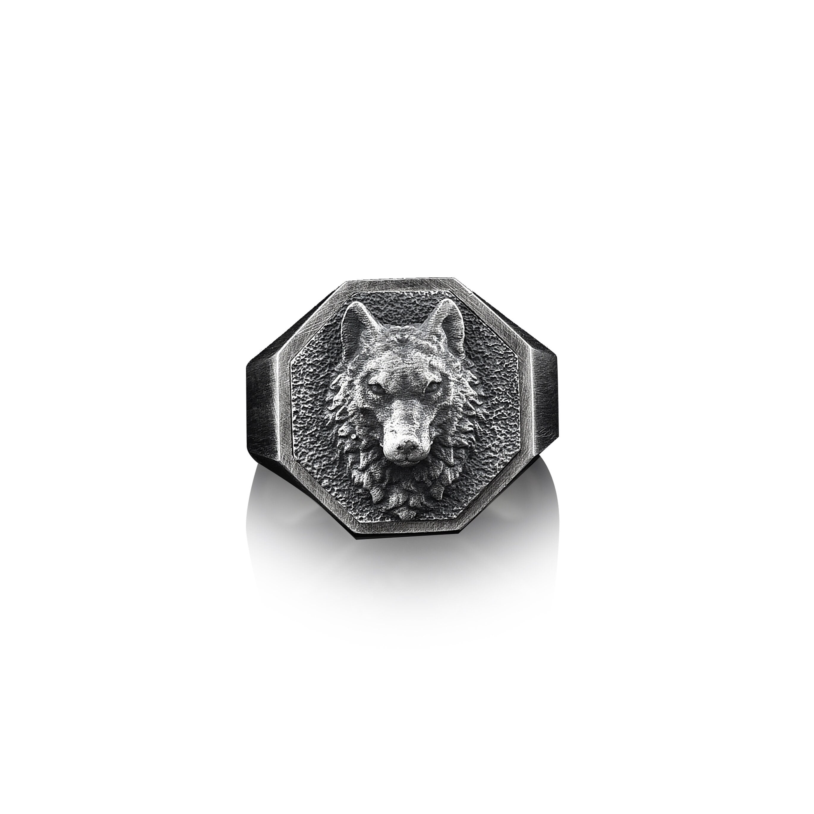 Oxidized Silver Wolf Men Ring, Alpha Wolf Signet Man Ring, 925 Silver ...