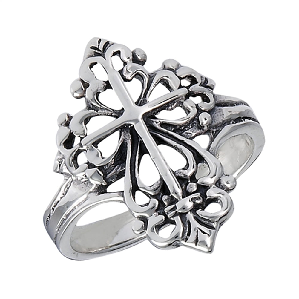 Oxidized Vintage Victorian Filigree Cross Ring Sterling Silver Band 925 ...