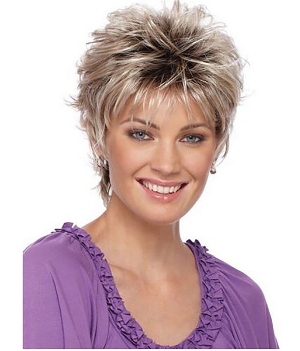 HOARBOEG Western Inclined Bang Short Blonde Mixed Brown Straight Wigs ...