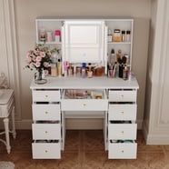 OXYLIFE Aesthetic LED Lighted Vanity Desk, 9-Drawer Makeup Dressing ...
