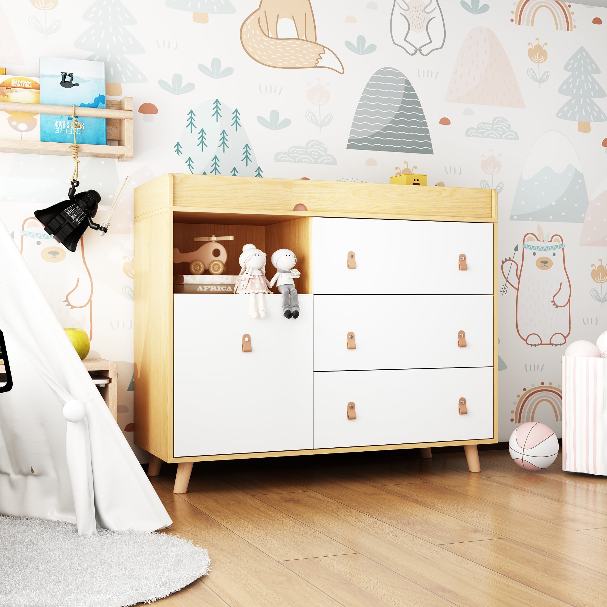 OxyLife White&Oak Baby Nursery Changing Table with 3 Drawers,White ...