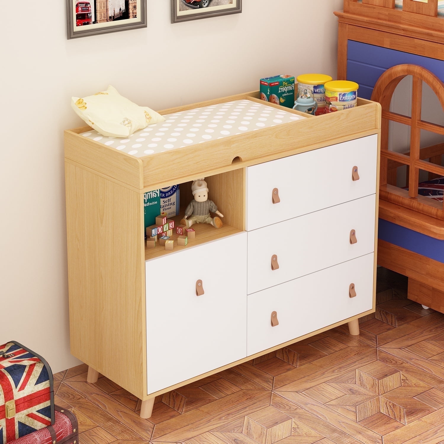 OxyLife White&Oak Diaper Changing Table with 3 Drawers, White - Walmart.com