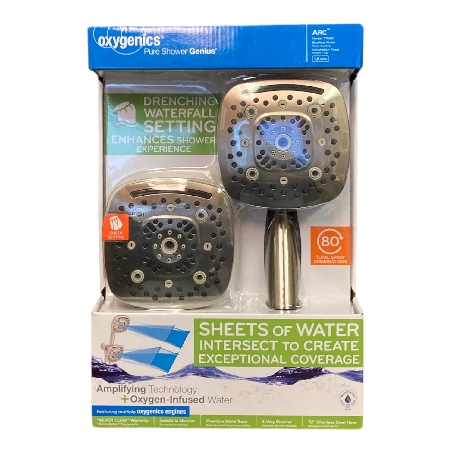 Oxygenics Arc 80-Setting Combo Shower Head with Hose, Brushed Nickel ...