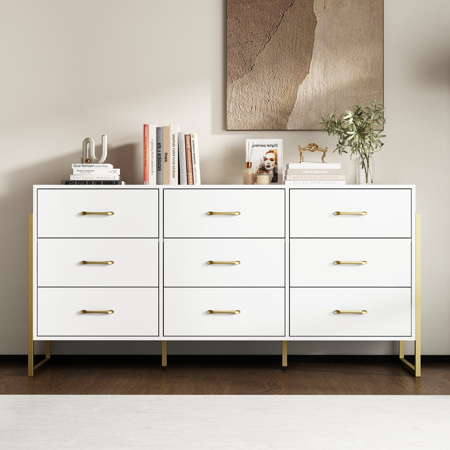 Oxylife Dresser for Bedroom, Long Dresser with 9 Drawers and Antique ...