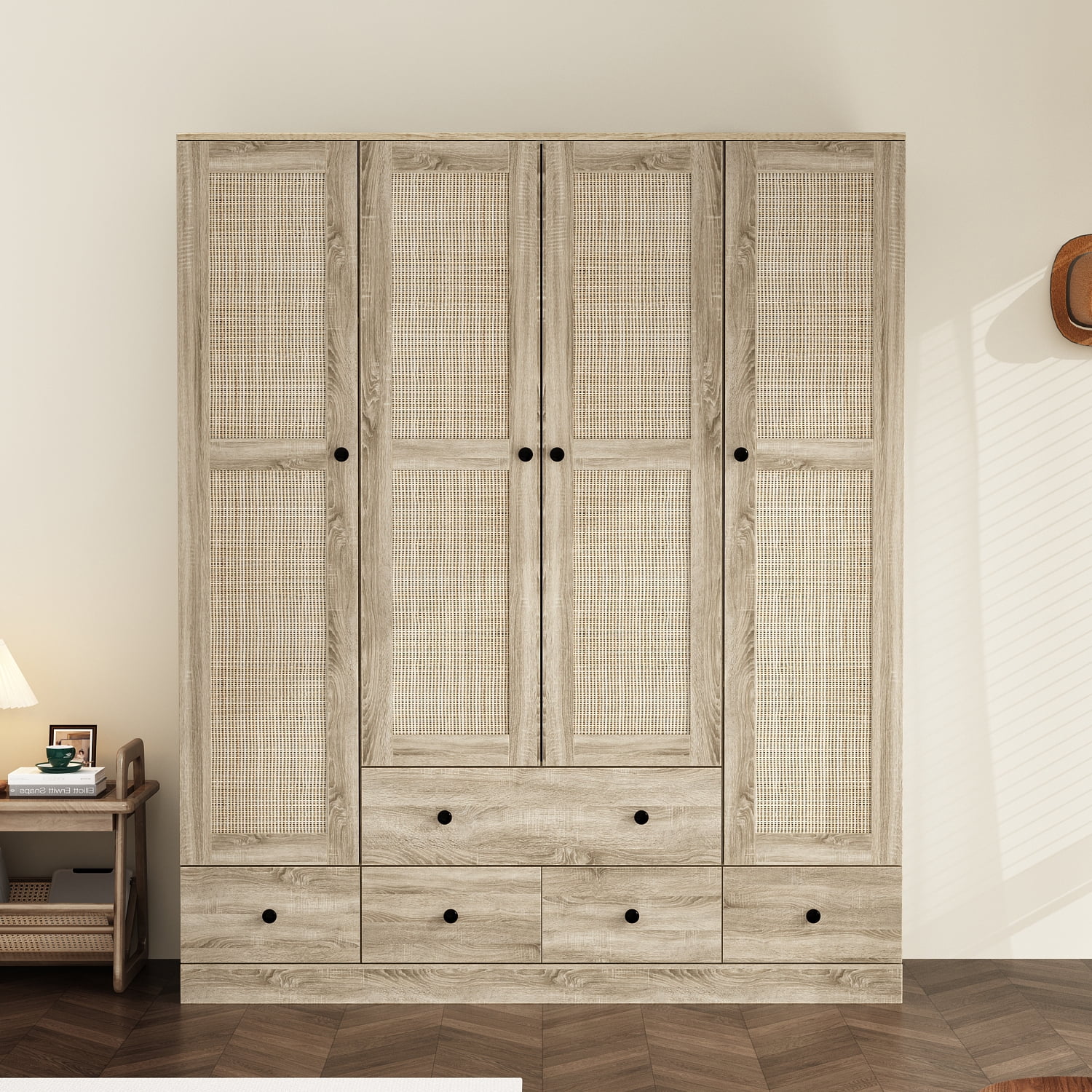 Oxylife Rattan Armoire Wardrobe Closet with 7 Shelves, 5 Drawers ...