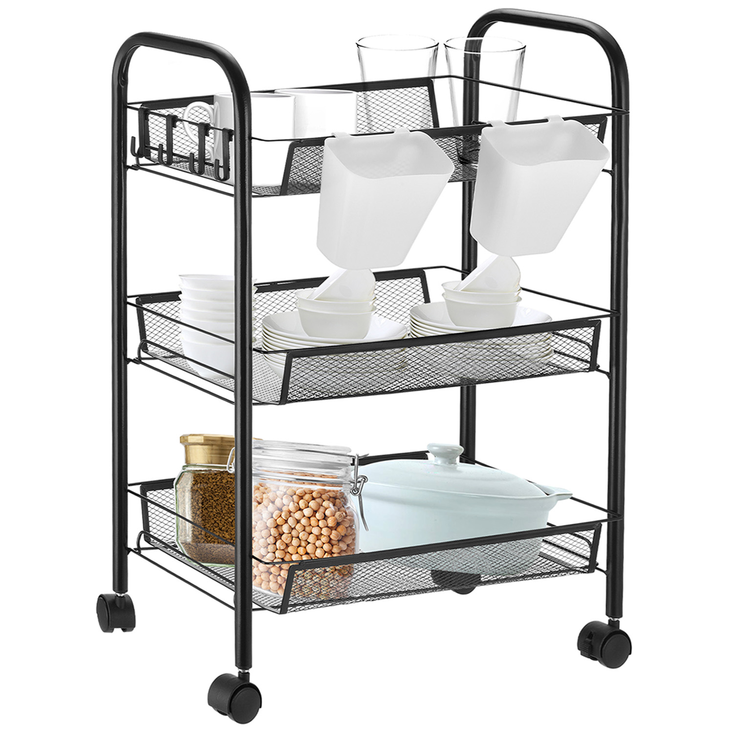 Oyajia 3 Tier Rolling Cart Organizer, Metal Mesh Rolling Storage Cart ...