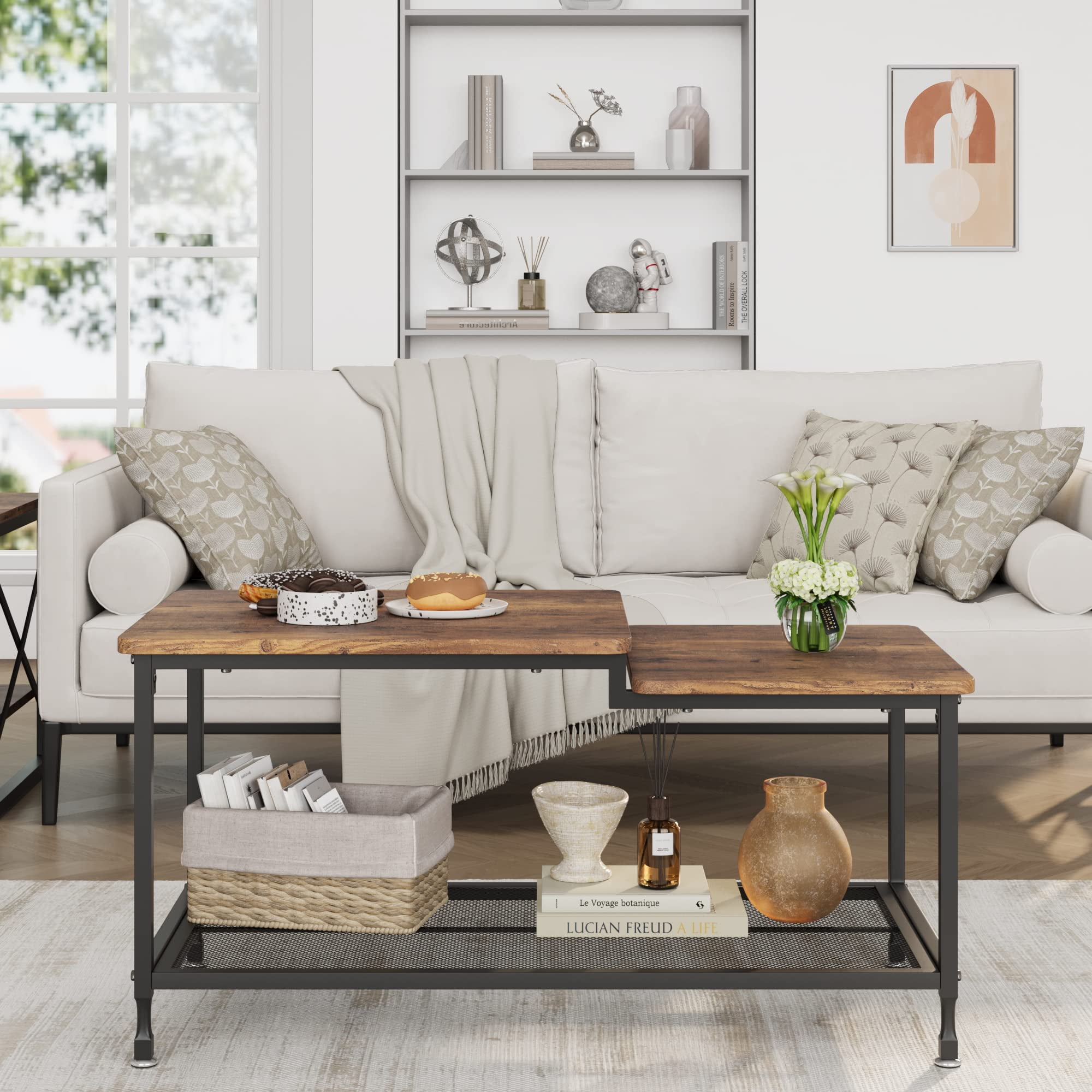 Oyang Coffee Table for Living Room, 2-Tier 39" Industrial Rectangular ...