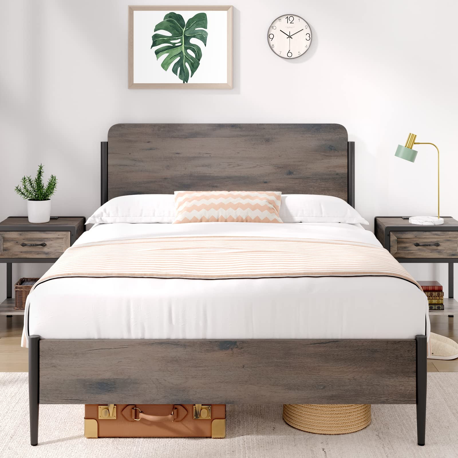 Oyang Full Size Platform Bed Frame with Vintage Wood Headboard & Safe ...