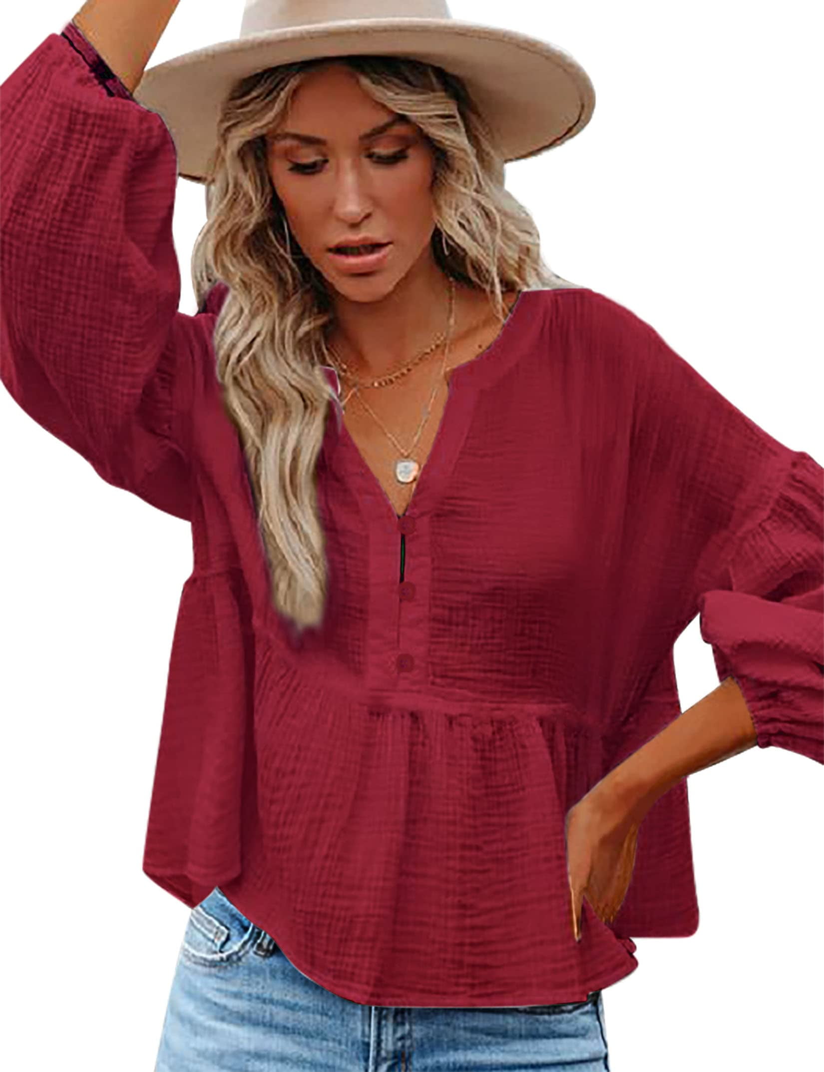 Oyang Women Peplum Tops, Puff Sleeve Cotton Babydoll Swing Henley Shirts Button Up Loose Ruffle ...