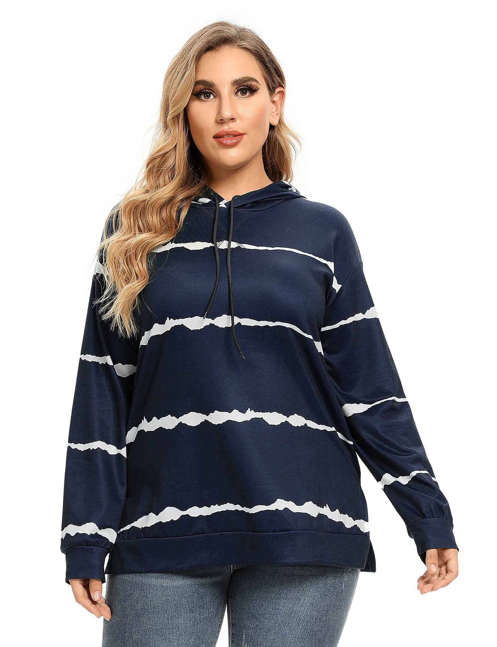 Oyang Women Plus Size Color Block Drawstring Hoodie Pullover Long ...