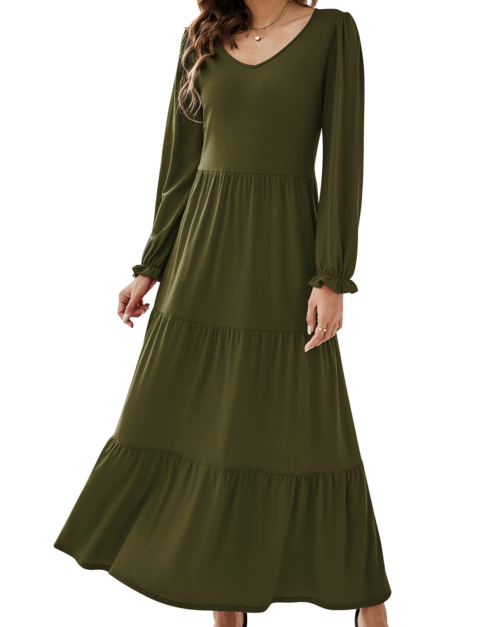 Oyang Women's Boho Maxi Dress, Swing Shift Dress Tiered High Waist V Neck Ruffle Puff Sleeve ...