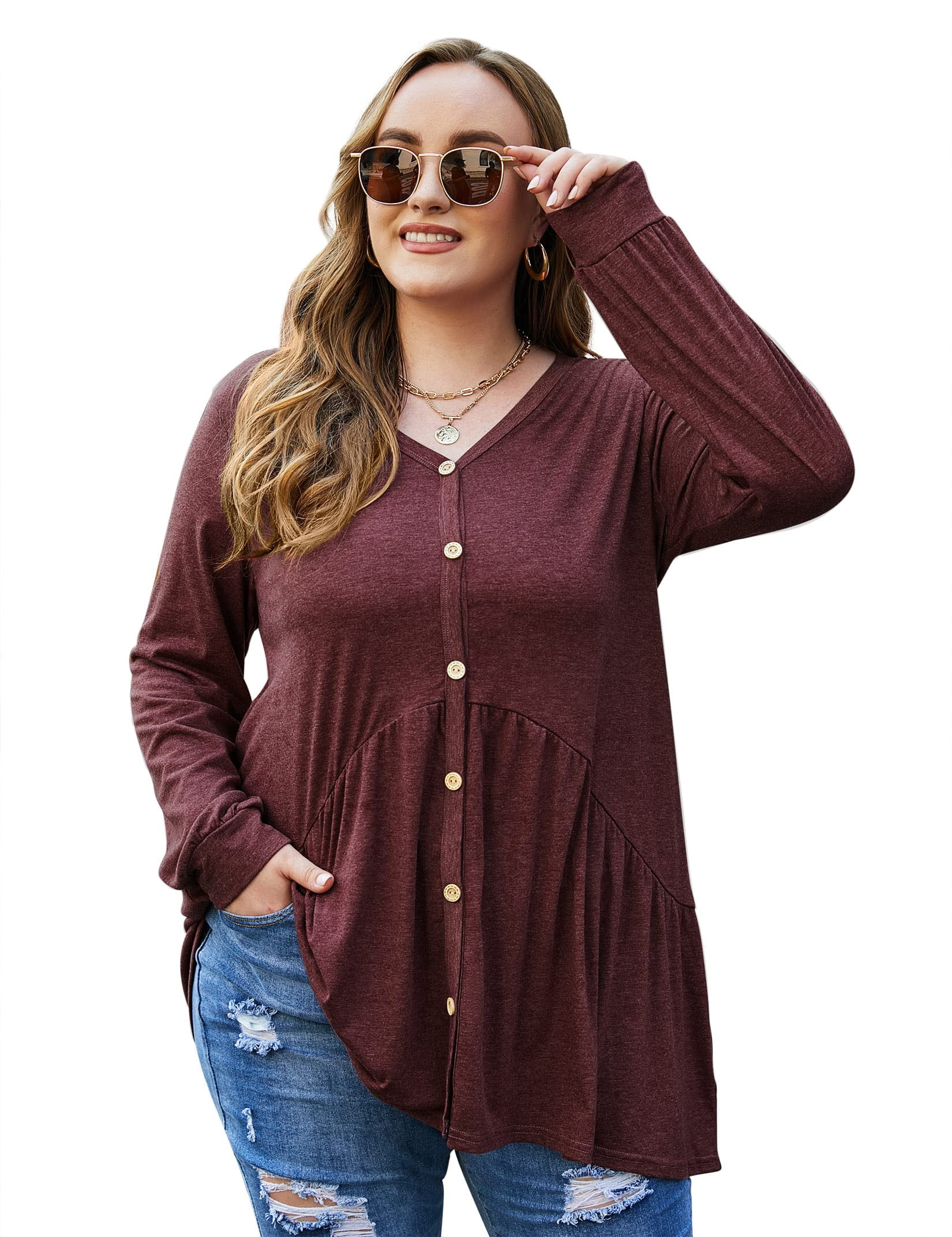 Oyang Women's Plus Size Casual Tunic Tops V Neck Buttons Pleated Flared ...
