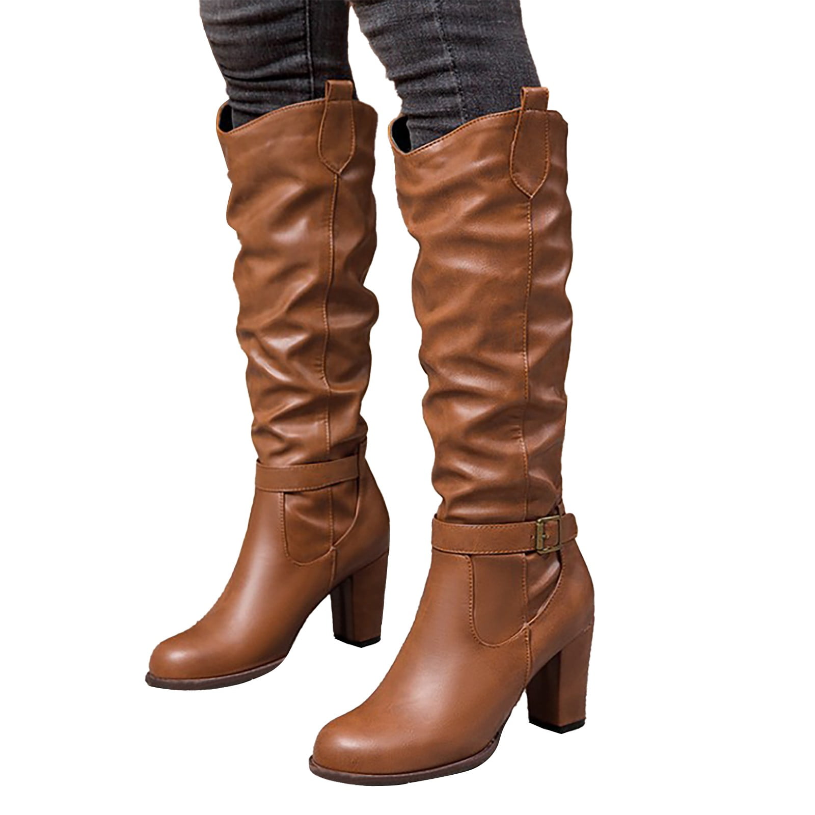 Oyedens High Heels Knee High Boots for Women Vintage Slouchy Wide Calf ...