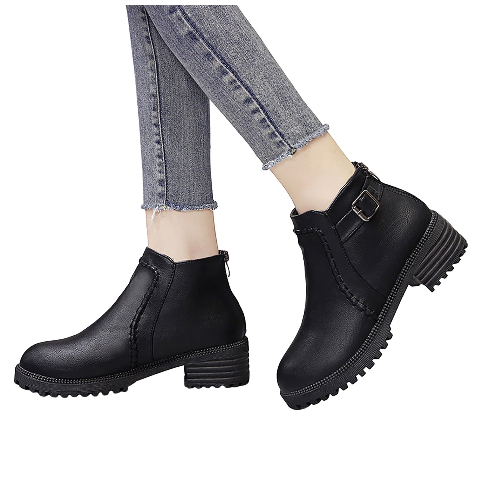 Oyedens Combat Boots for Women Leather Mid Heels Short Riding Boots ...