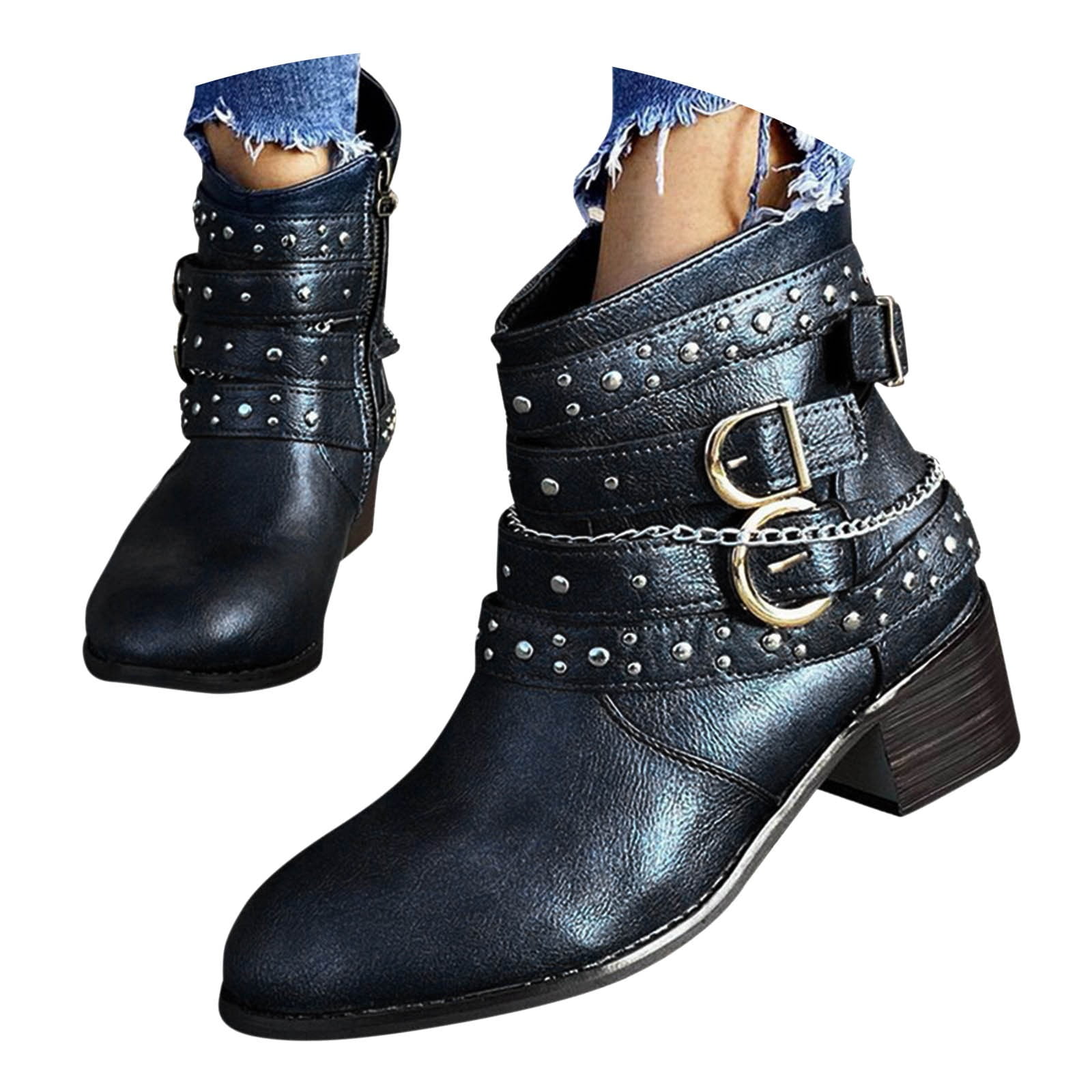 Oyedens Combat Boots for Women Studded Pointed Toe Low Heels Motorcycle ...