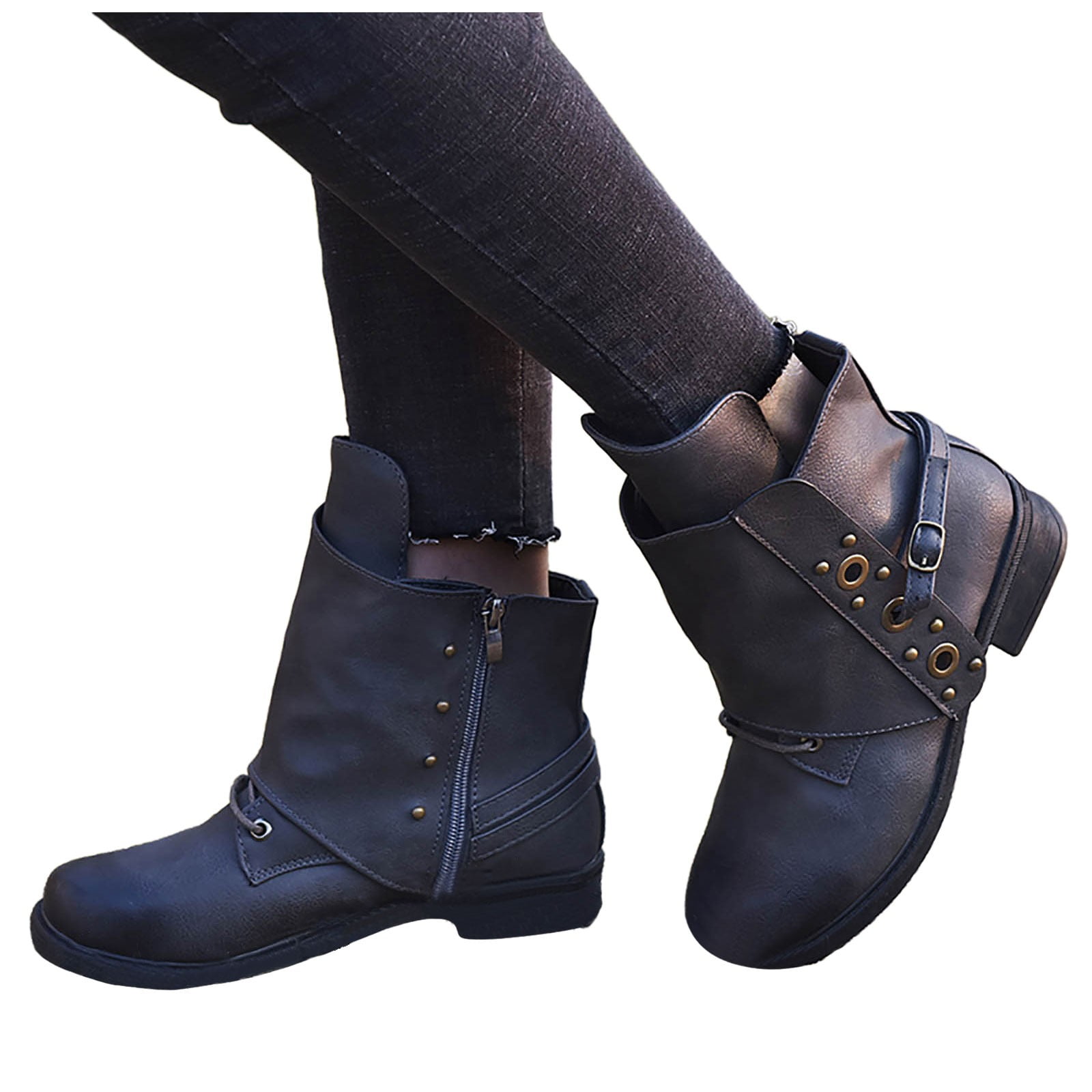 Oyedens Combat Boots for Women Vintage Slouch Low Heels Motorcycle ...