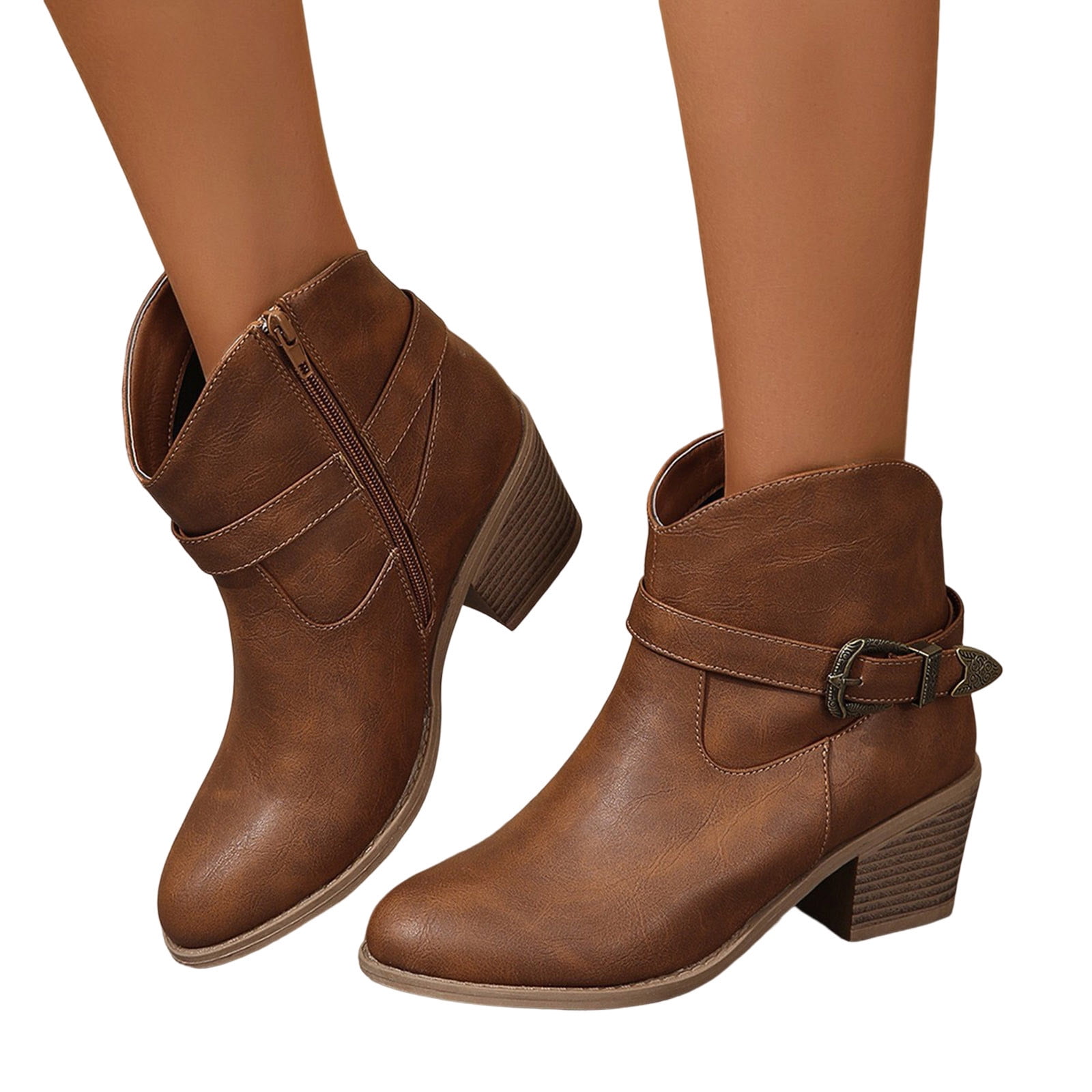 Oyedens Cowboy Boots for Women Fashion Leather Heels Pointed Toe Wide ...