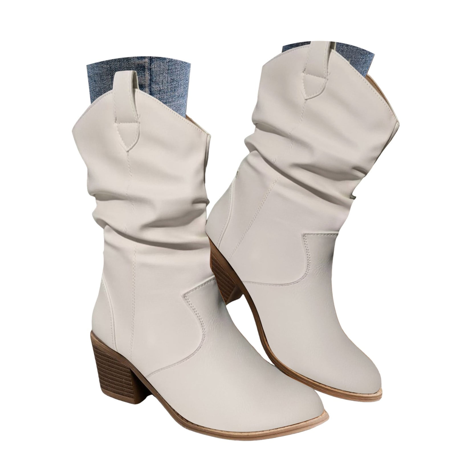 Oyedens Cowboy Boots for Women Fashion Slouchy Leather Block Heels Wide ...