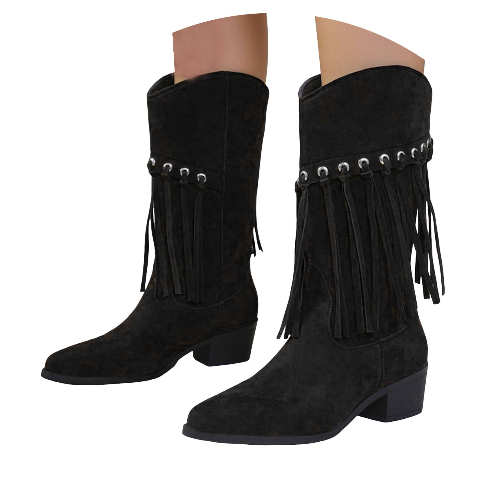 Oyedens Cowboy Cowgirl Boots for Women Bohemian Long Tassel Wide Mid ...