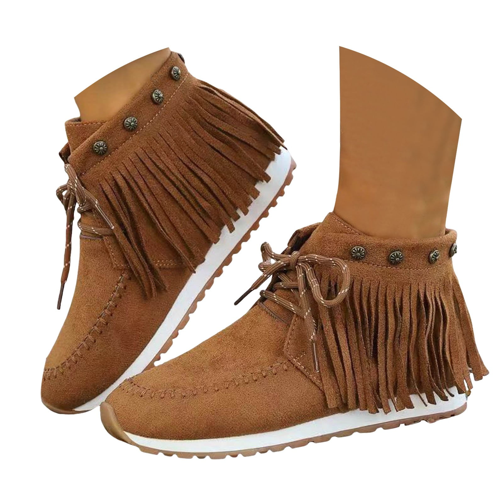 Oyedens Cowgirl Combat Boots for Women Vintage Tassel Lace up Cowboy ...