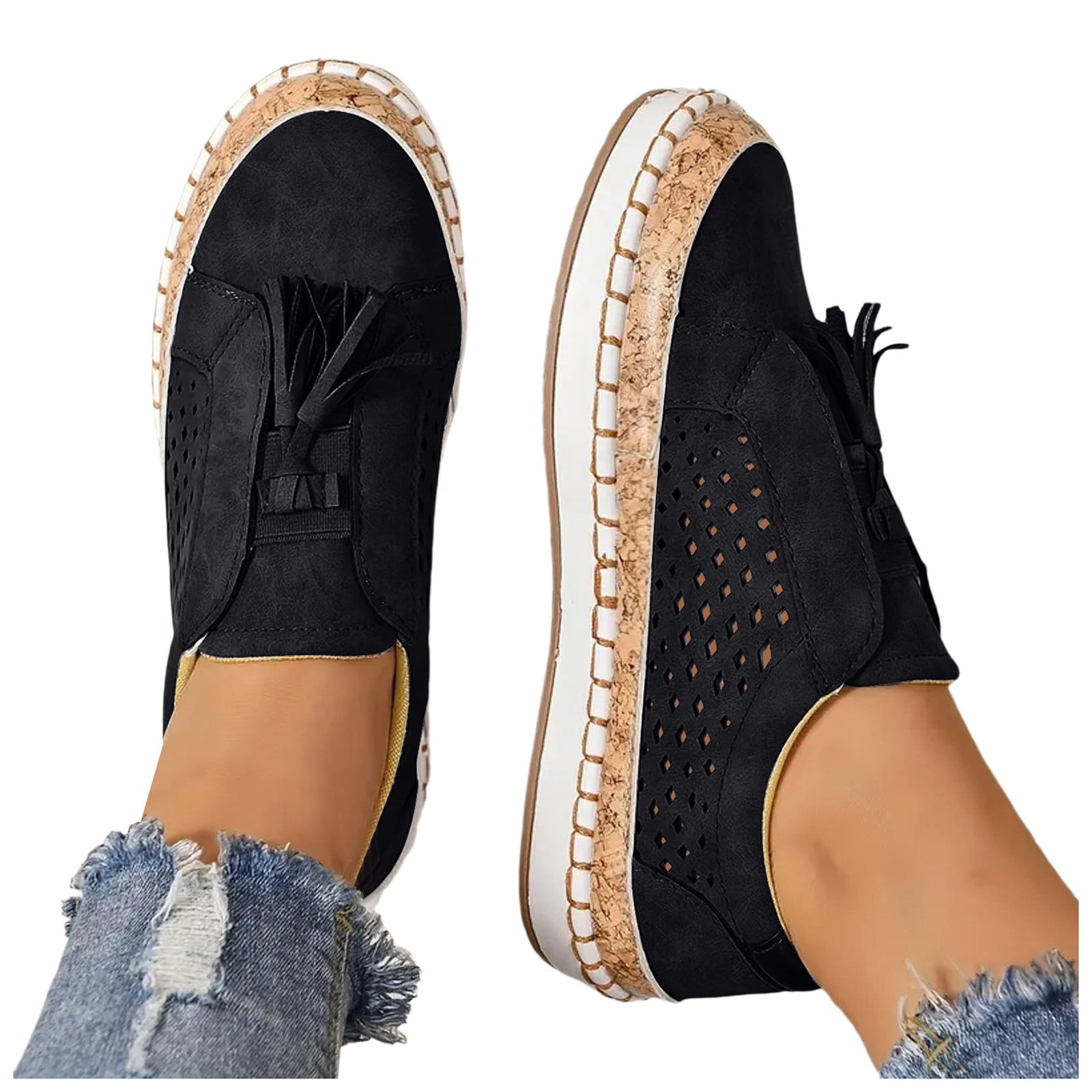 Oyedens Fashion Sneakers For Women Ethnic Tassel Platform Slip On ...