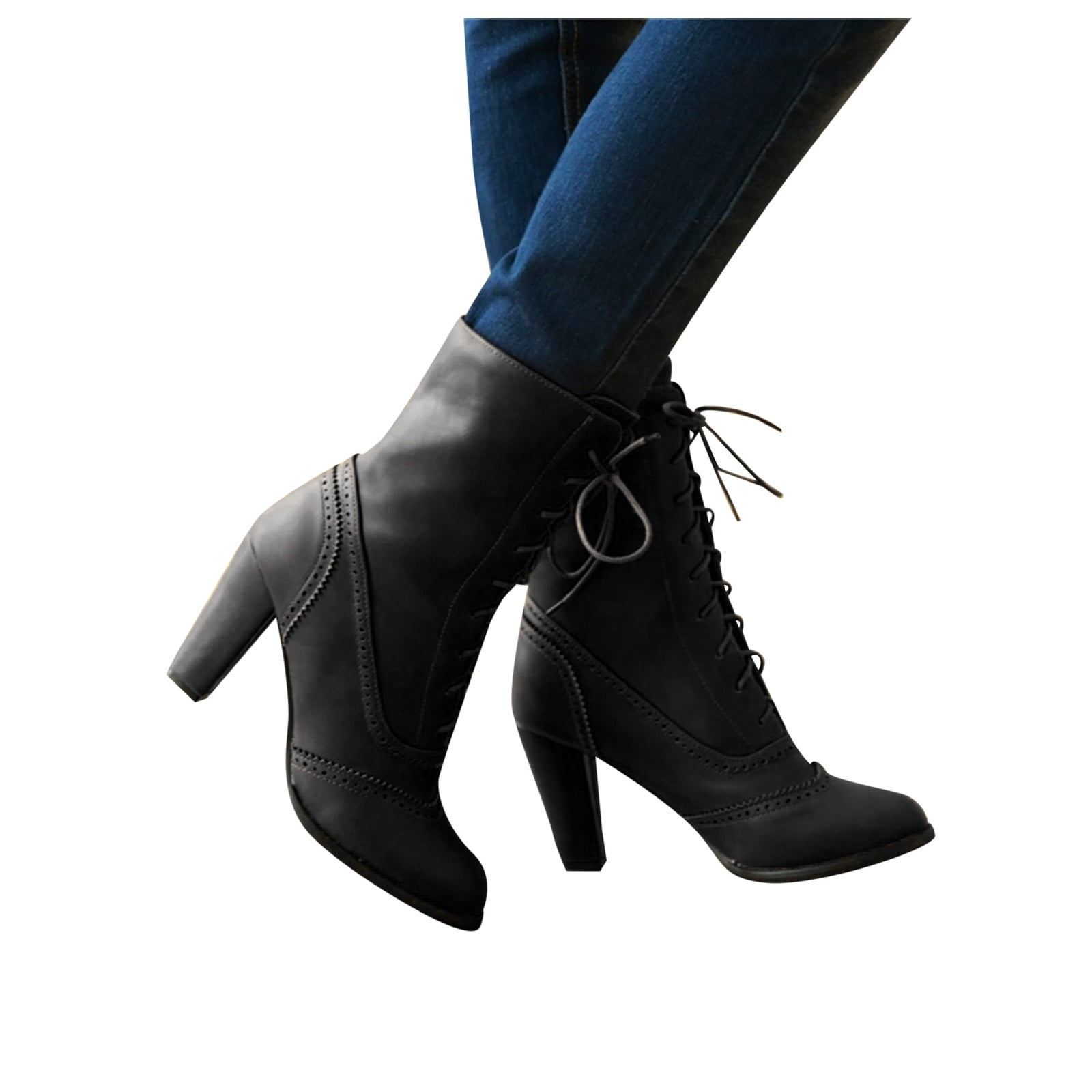 Oyedens High Heels Combat Boots for Women Fashion Leather Lace up ...