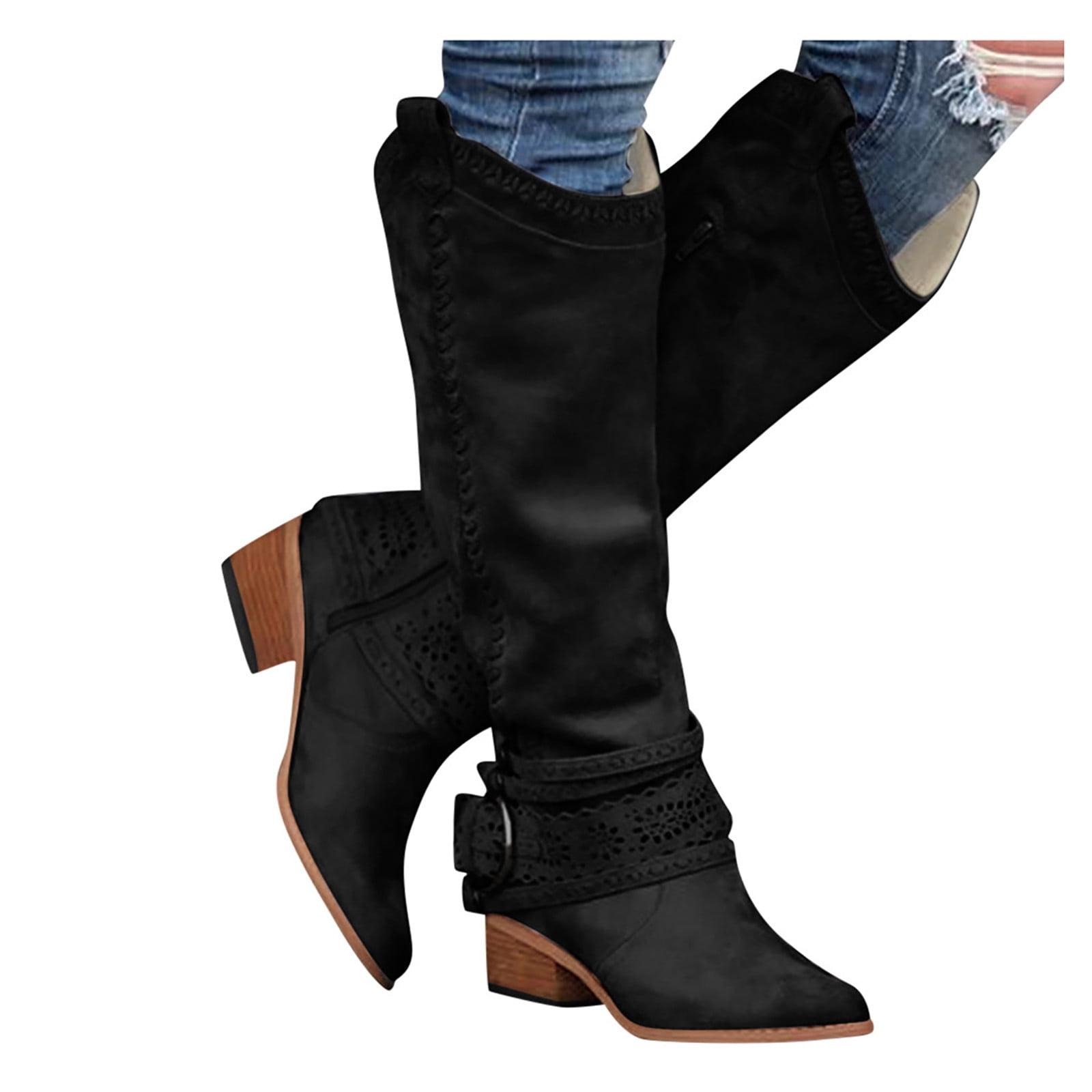 Oyedens Knee High Cowboy Boots for Women Boho Vintage Wide Mid Calf ...