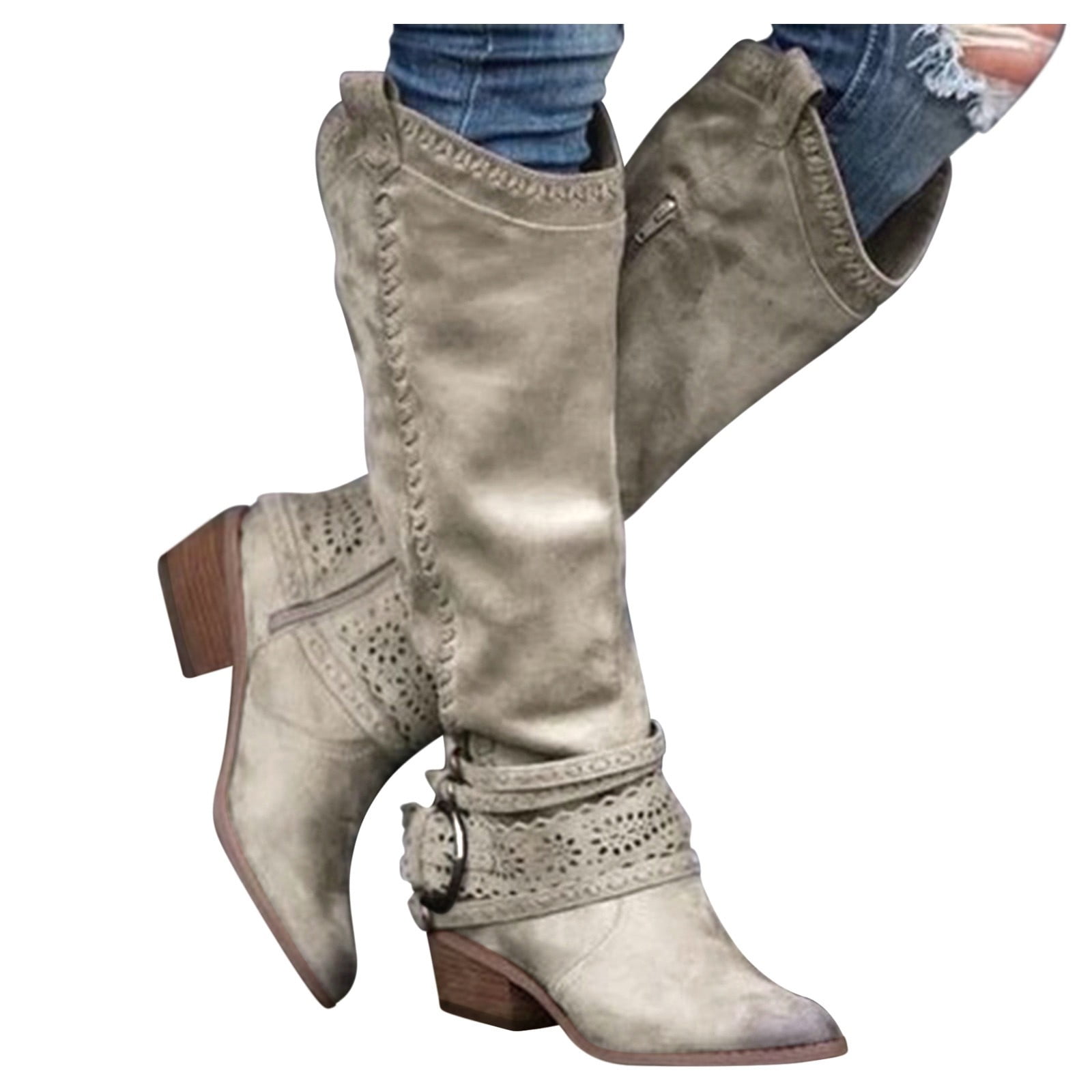 Oyedens Knee High Cowboy Boots for Women Vintage Slouchy Wide Calf Knee ...