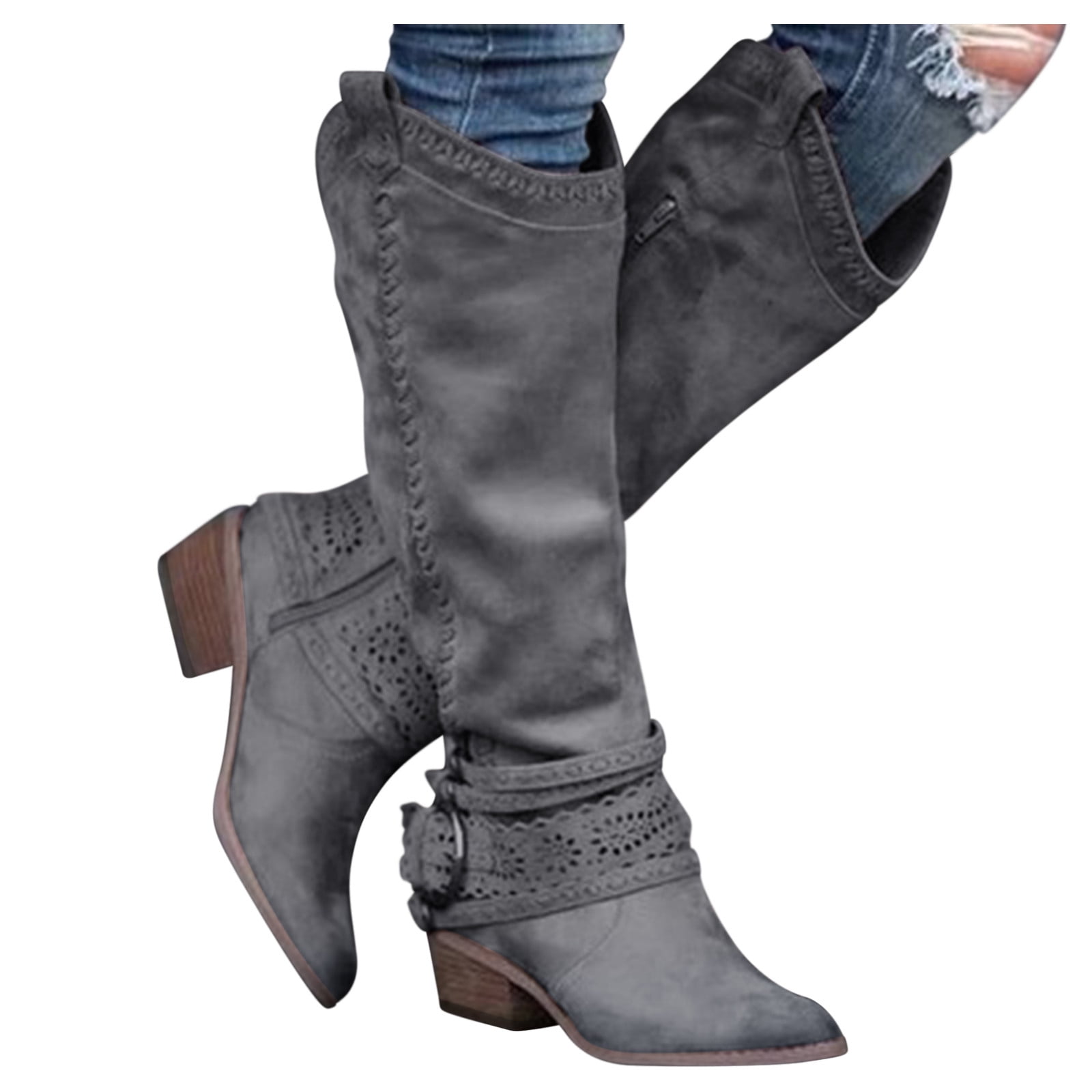 Oyedens Knee High Cowboy Boots for Women Vintage Slouchy Wide Calf Knee ...