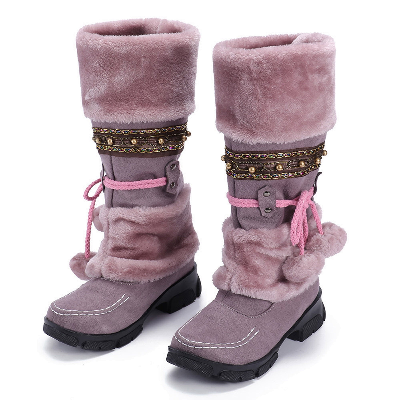 Oyedens Knee High Snow Boots for Women Ethnic Warm Fleece Lined Furry ...