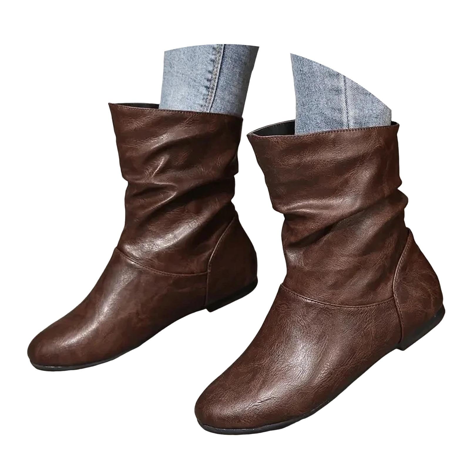 Oyedens Mid Calf Boots for Women 2025 Slouchy Leather No Heel Wide Calf ...