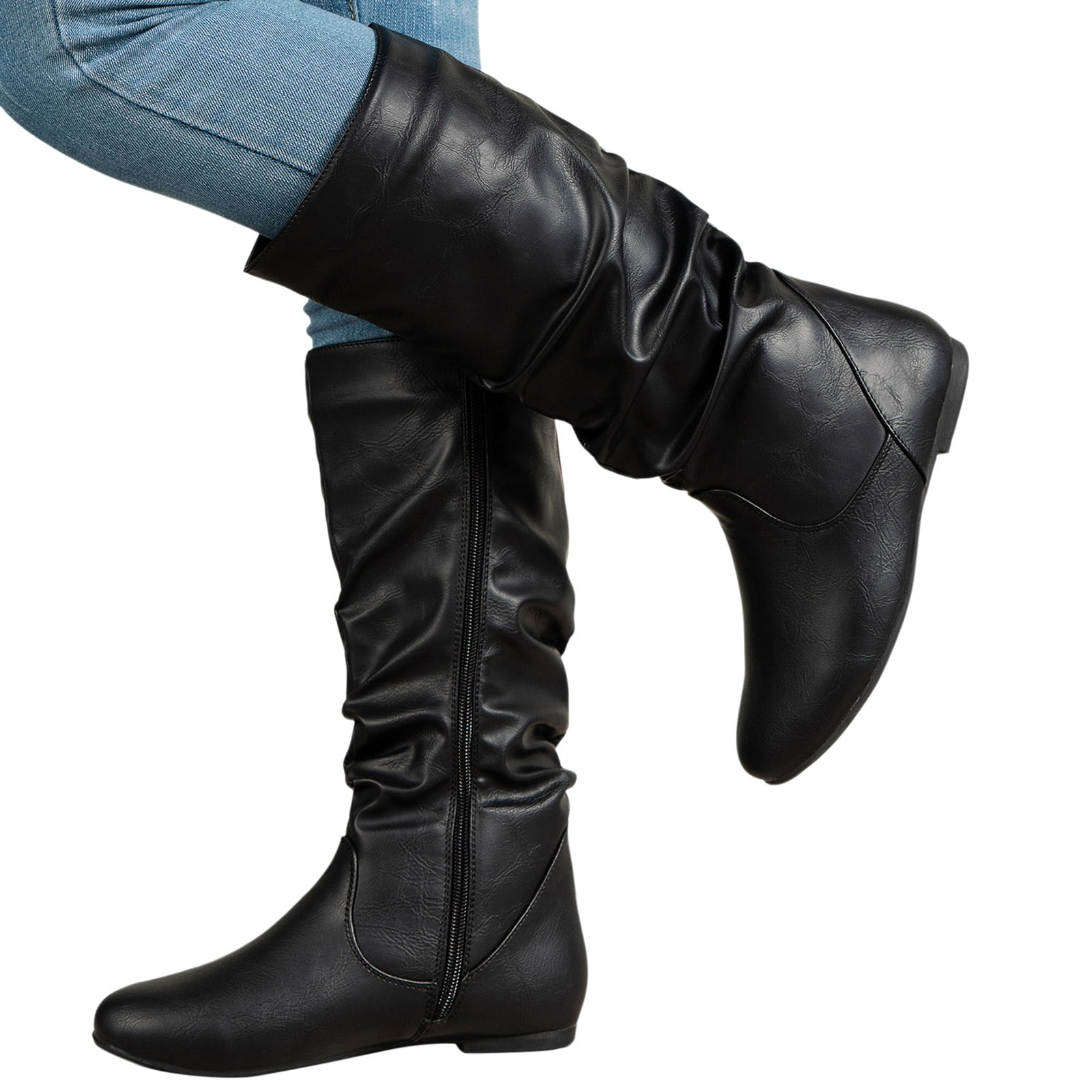 Oyedens Mid Calf Riding Boots for Women Fashion Slouchy Leather Flats ...