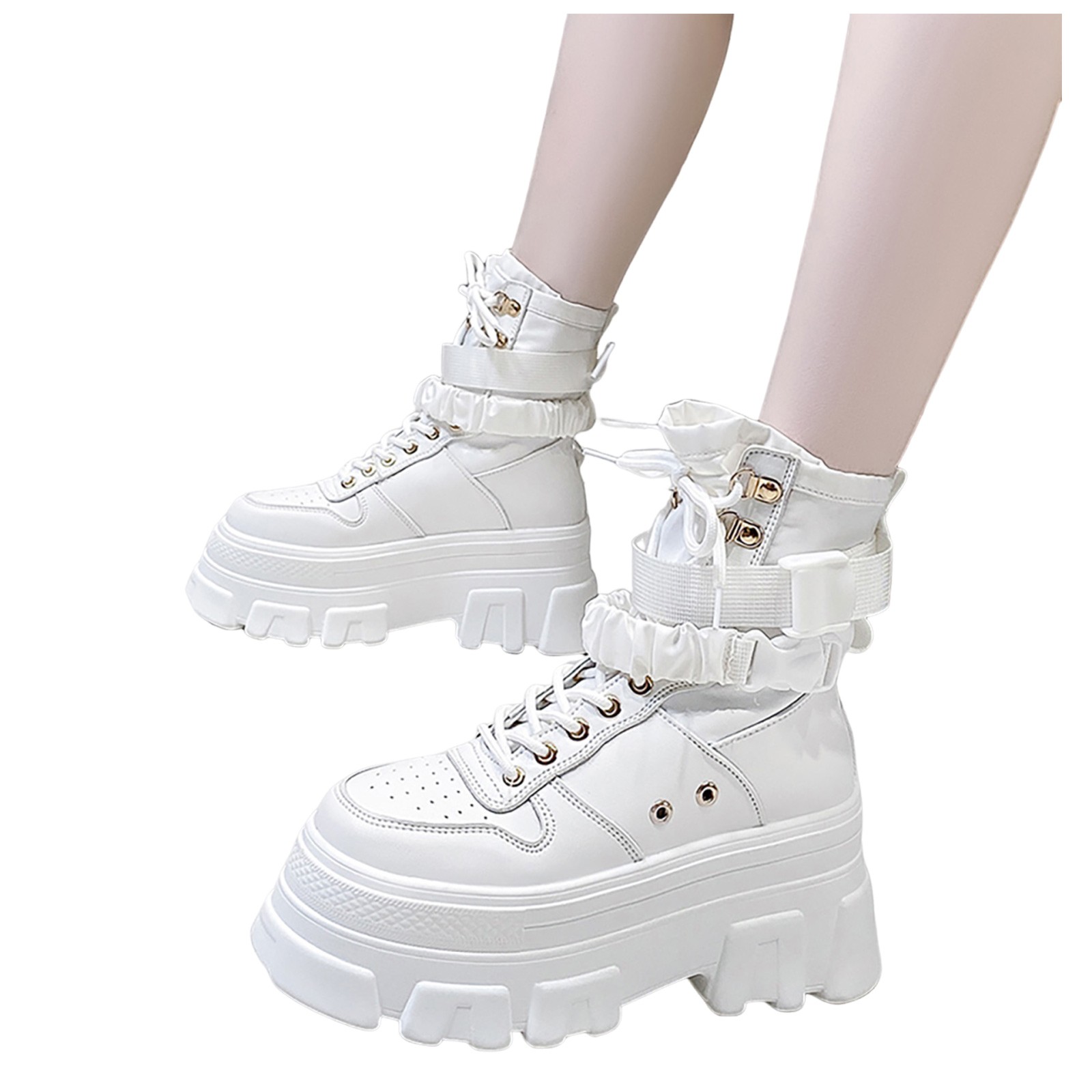 Oyedens Platform Combat Boots for Women Goth Punk Black Leather Lace up Mid Calf Riding Boots ...