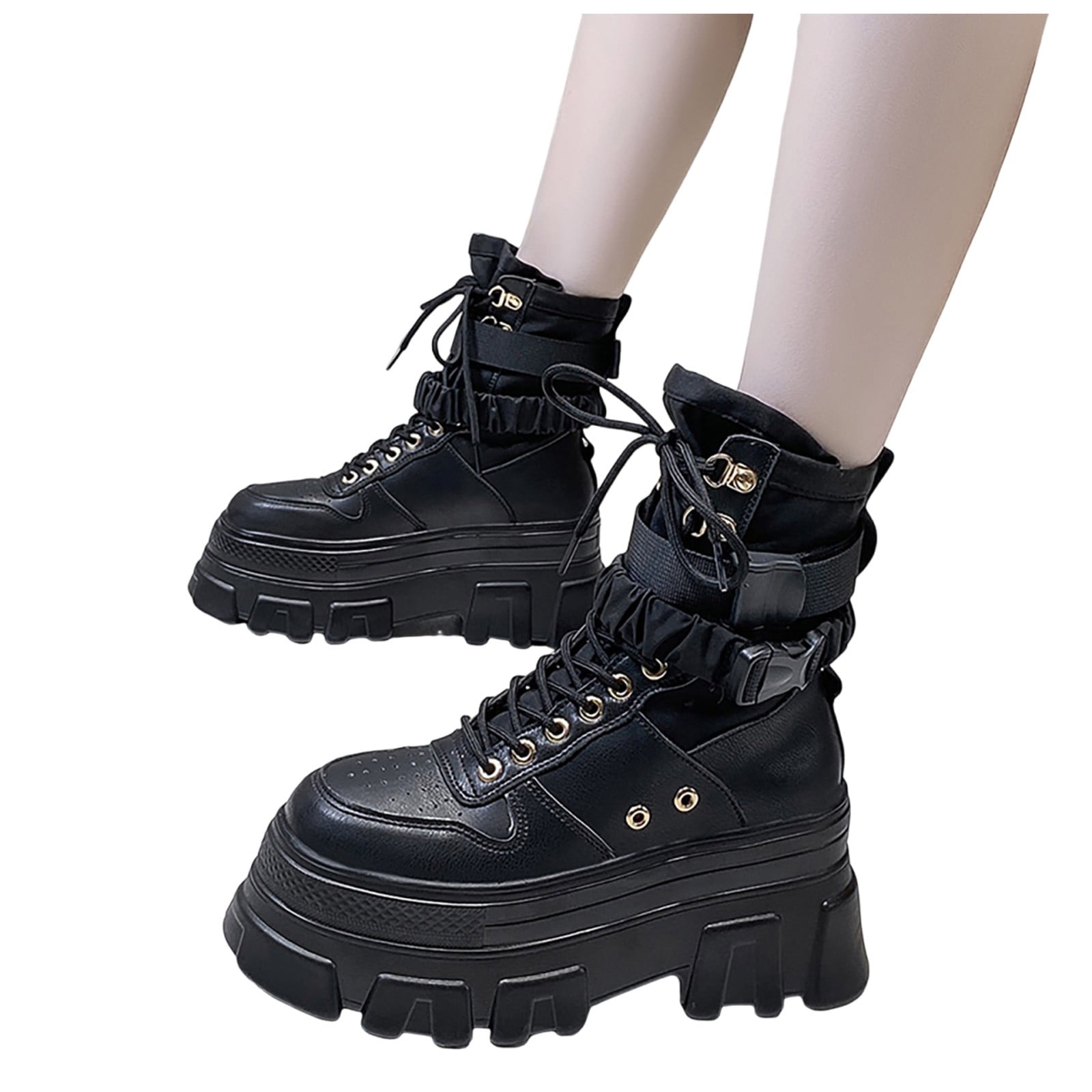 Oyedens Platform Combat Boots for Women Goth Punk Black Leather Lace up ...