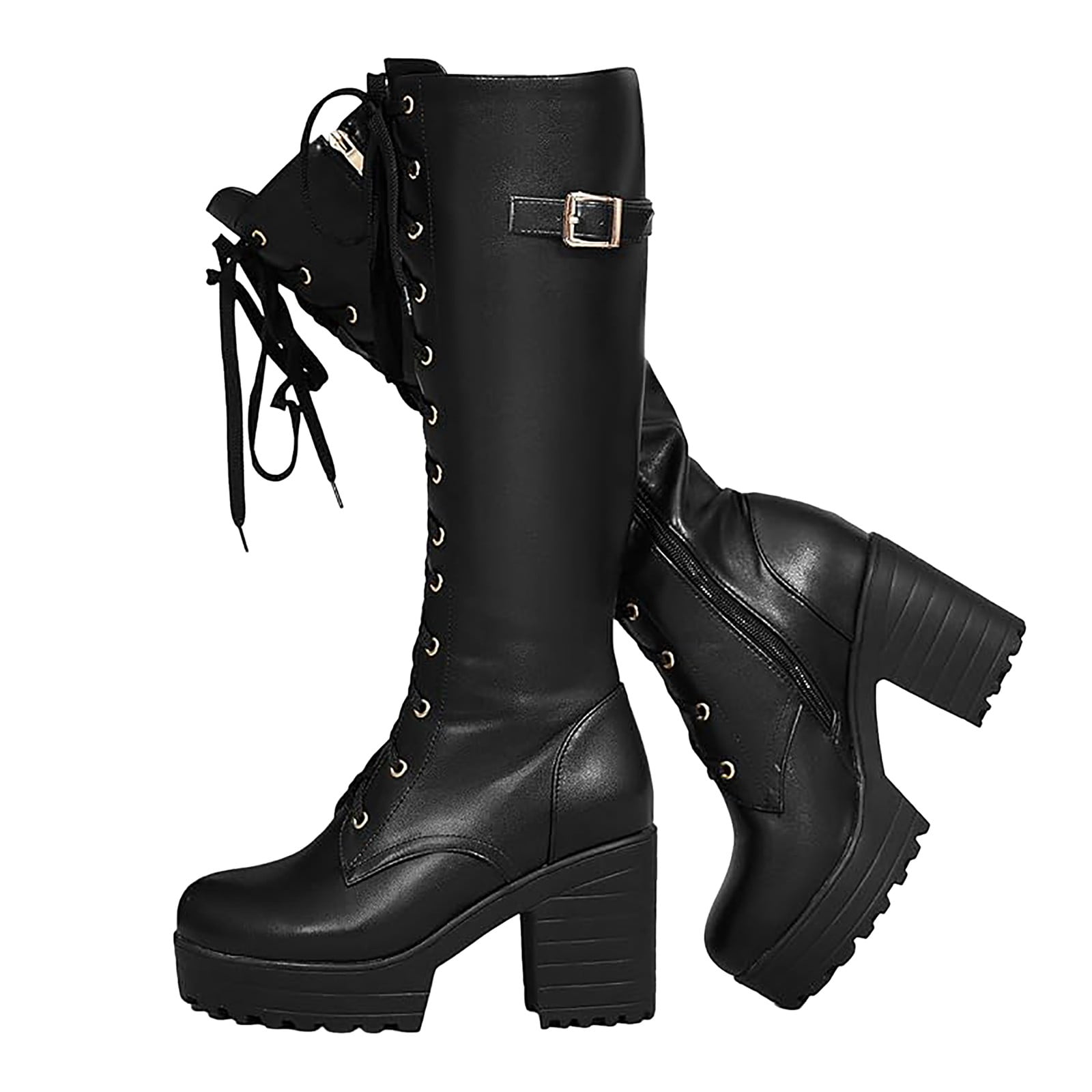 Oyedens Platform Knee High Combat Boots for Women Gothic Black Leather ...