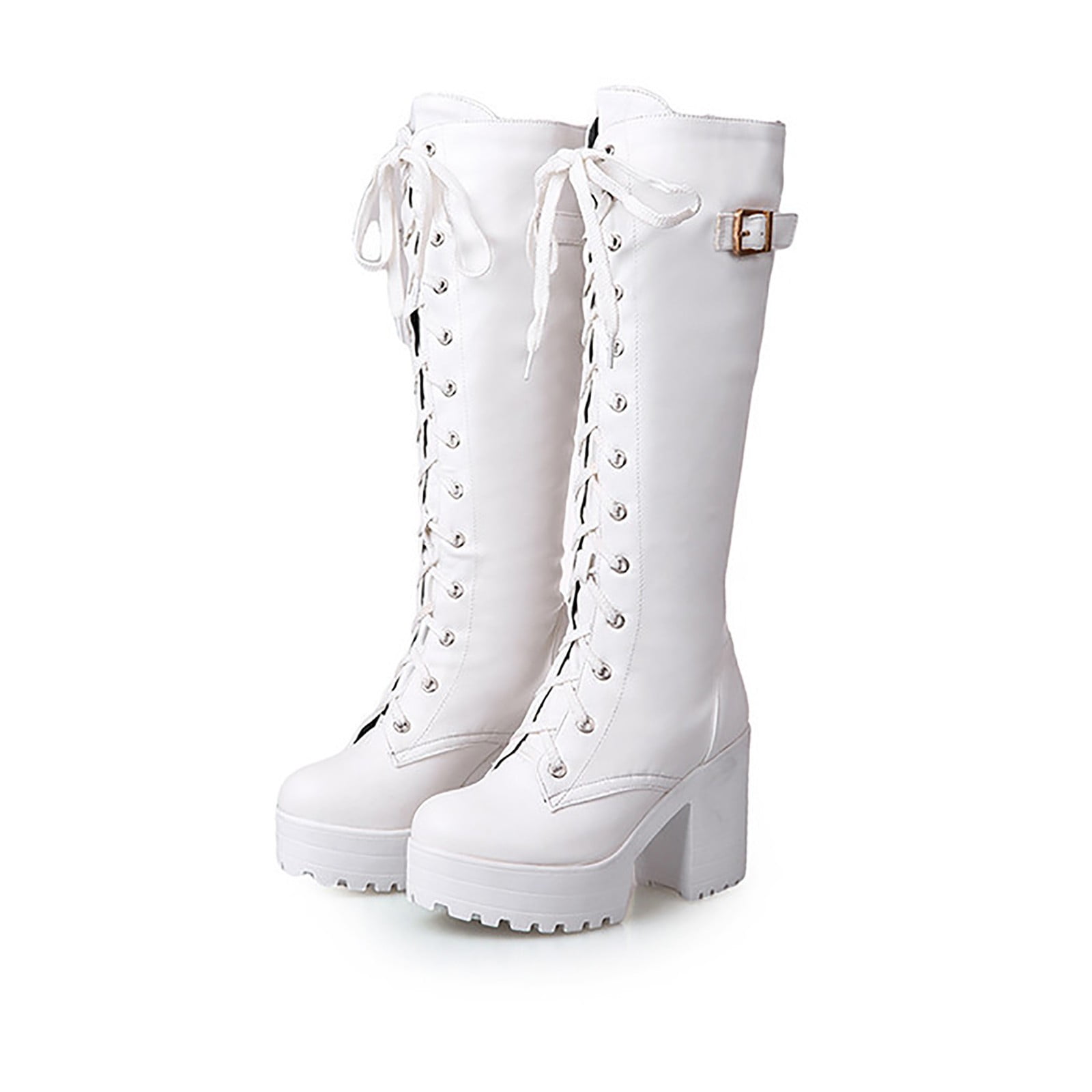 Oyedens Platform Knee High Combat Boots for Women Gothic White Leather ...