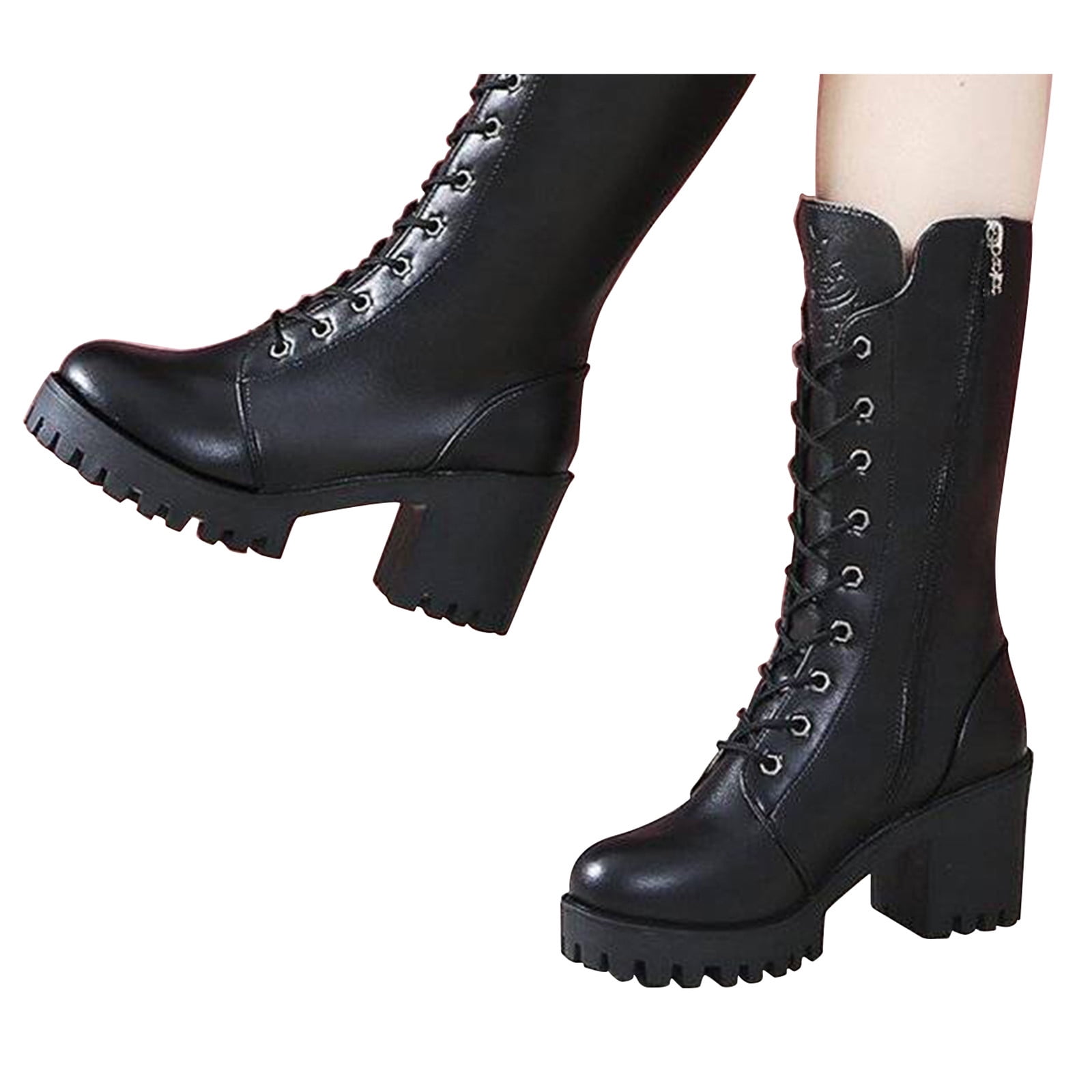 Oyedens Platform Mid Calf Combat Boots for Women Black Fashion Leather ...
