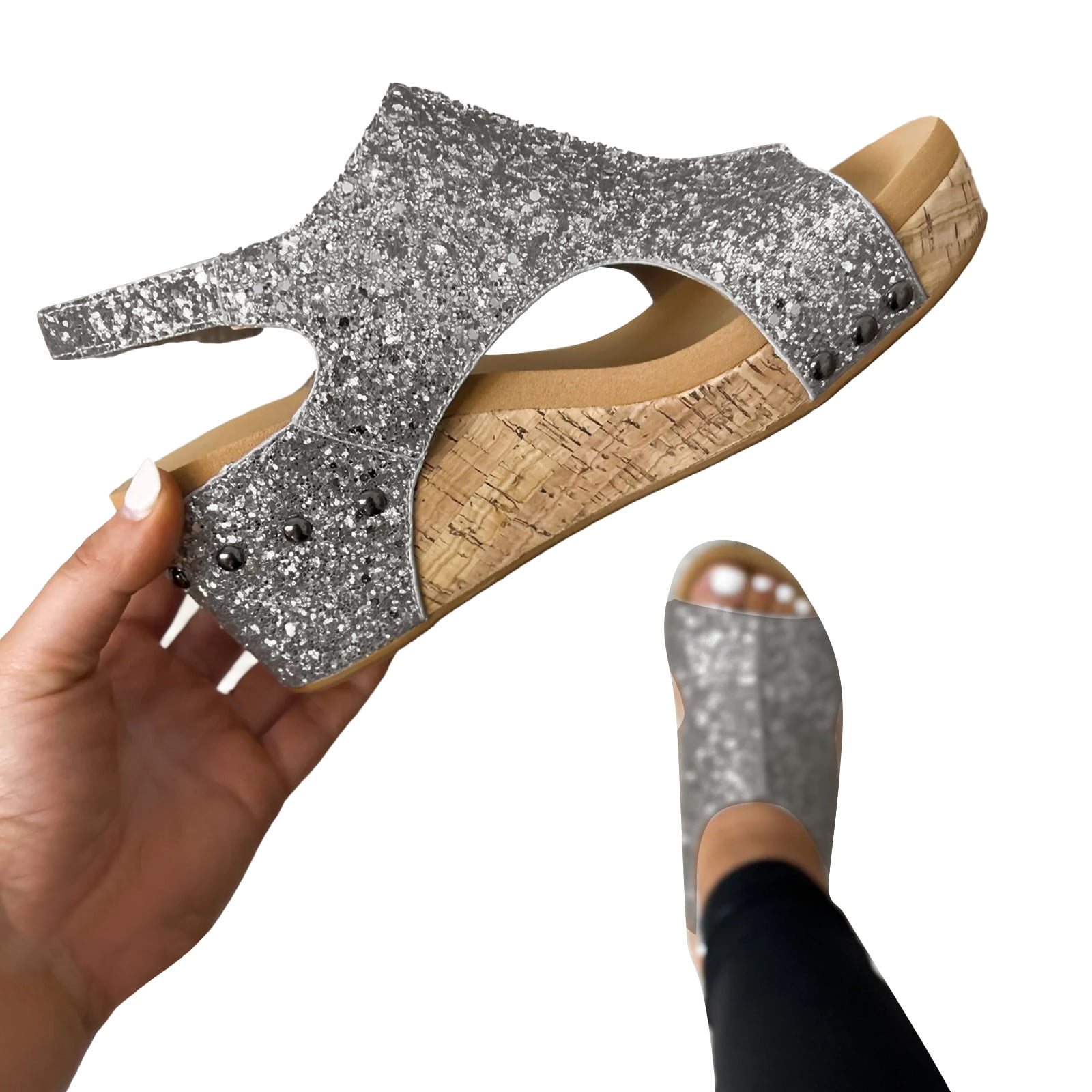 Oyedens Platform Wedge Sandals Women Ladies Bling Squins Peep Toe High ...