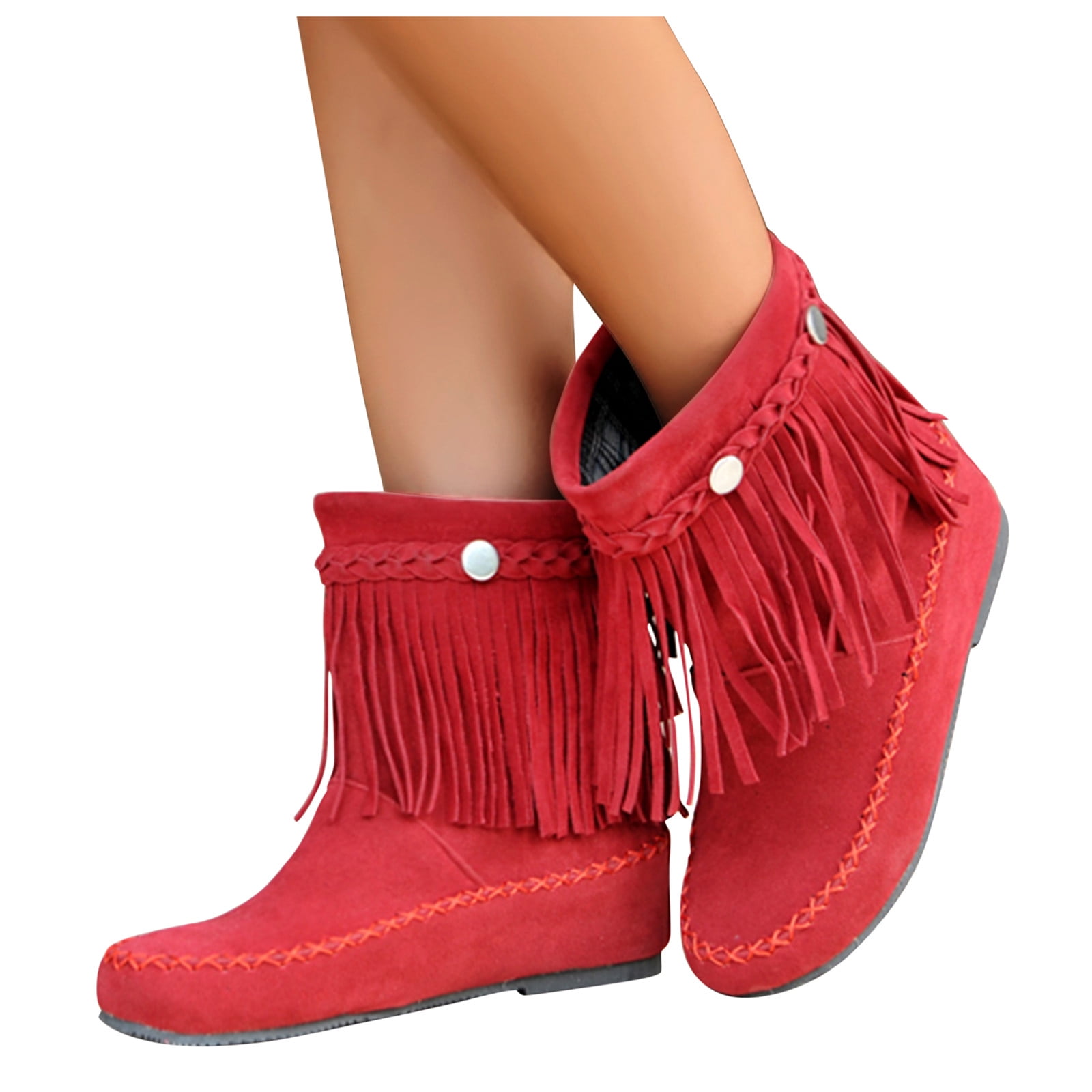 Oyedens Riding Boots for Women Boho Long Tassel Mid Calf Cowgirl Boots ...