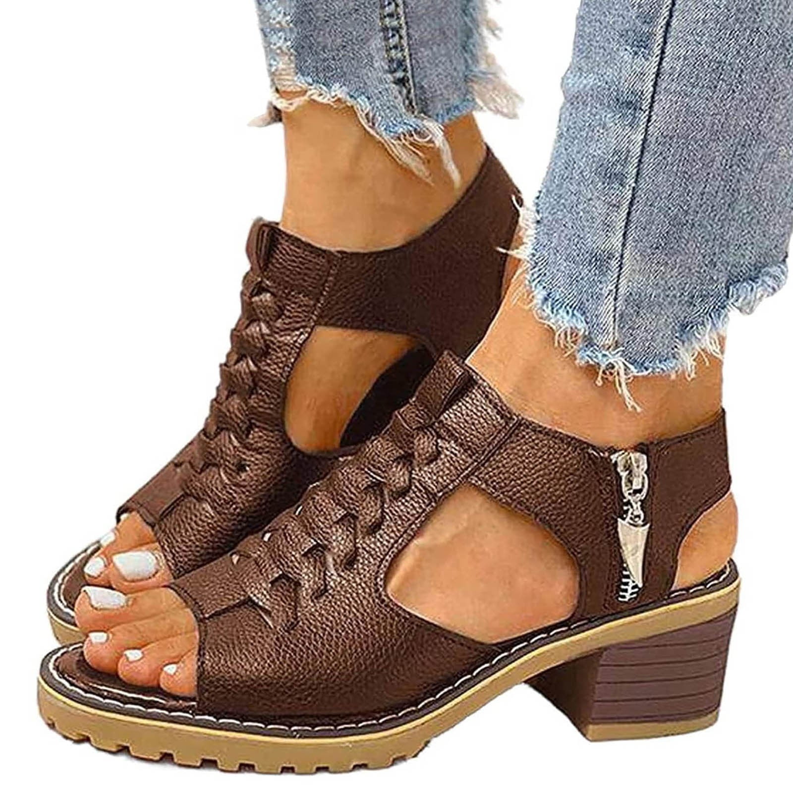 Oyedens Sandals For Women Fashion Leather Zip Up Block Mid Heels Dress ...